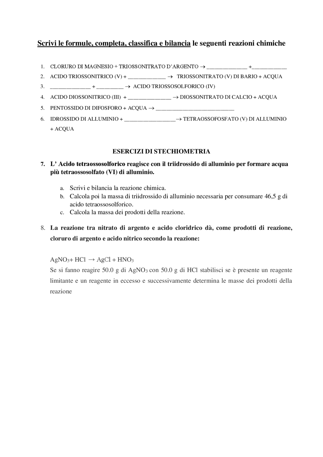 Esercizi stechiometria | Esercizi di Chimica | Docsity