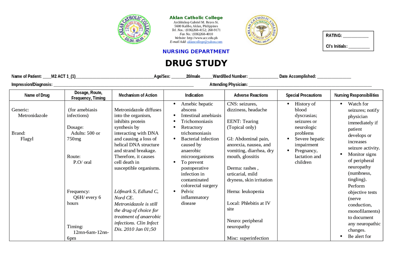 Drug study for different medications | Exams Pharmacology | Docsity