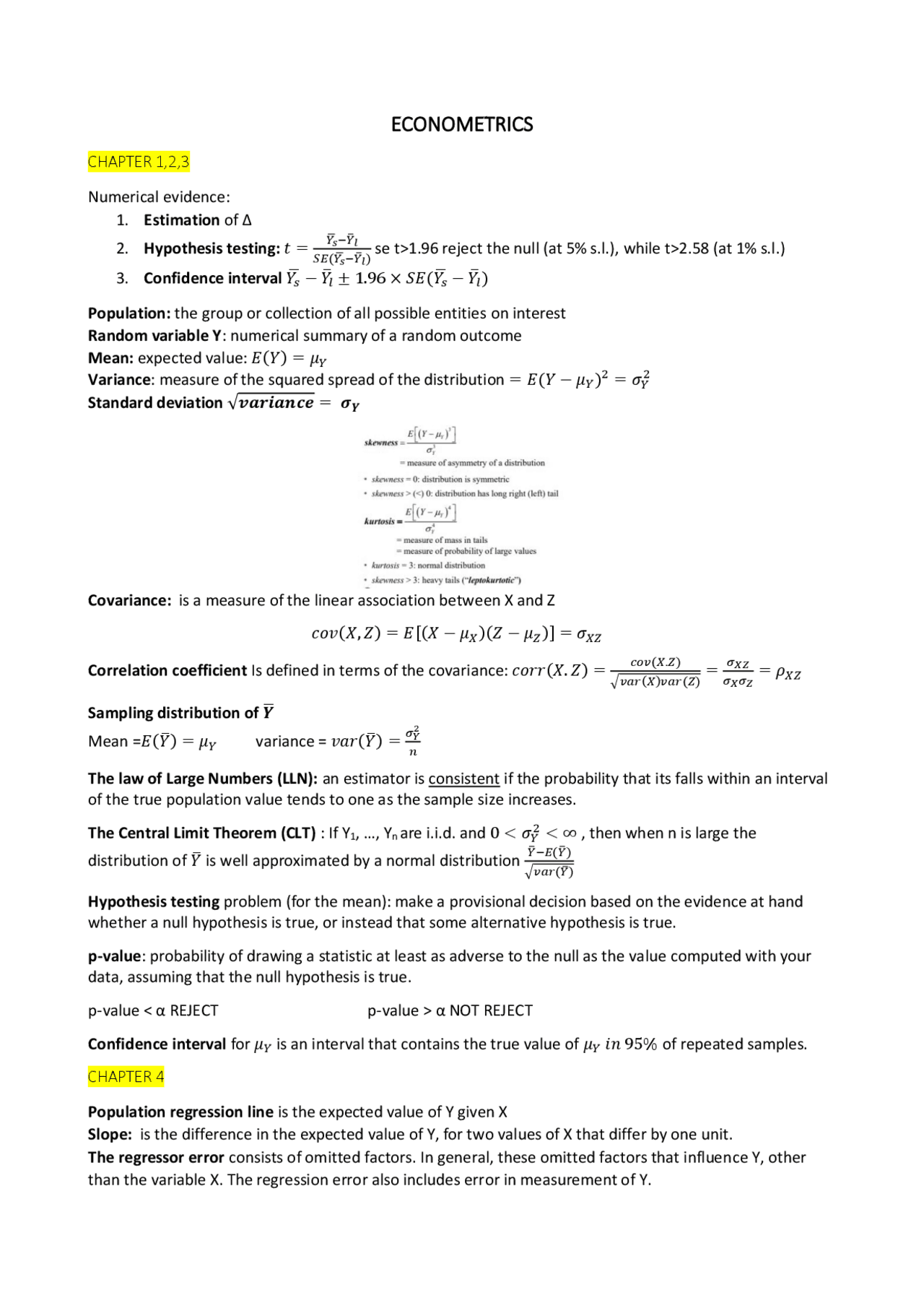 Econometrics anno 2022/2023 | Schemi e mappe concettuali di Econometria | Docsity