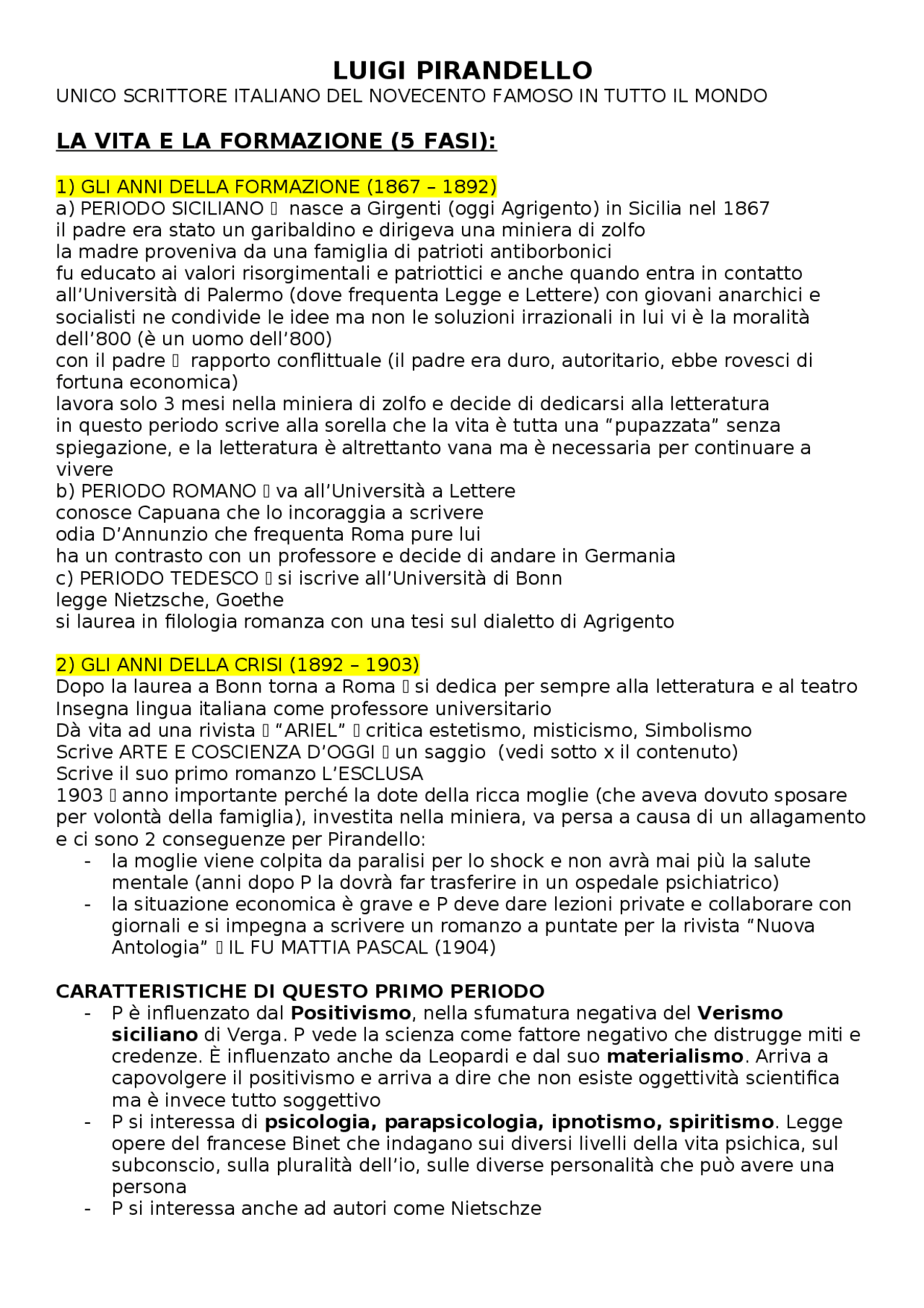Pirandello riassunto per maturità classica | Appunti di Italiano | Docsity