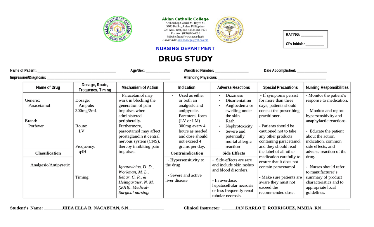 Drug study of different medications | Exams Pharmacology | Docsity