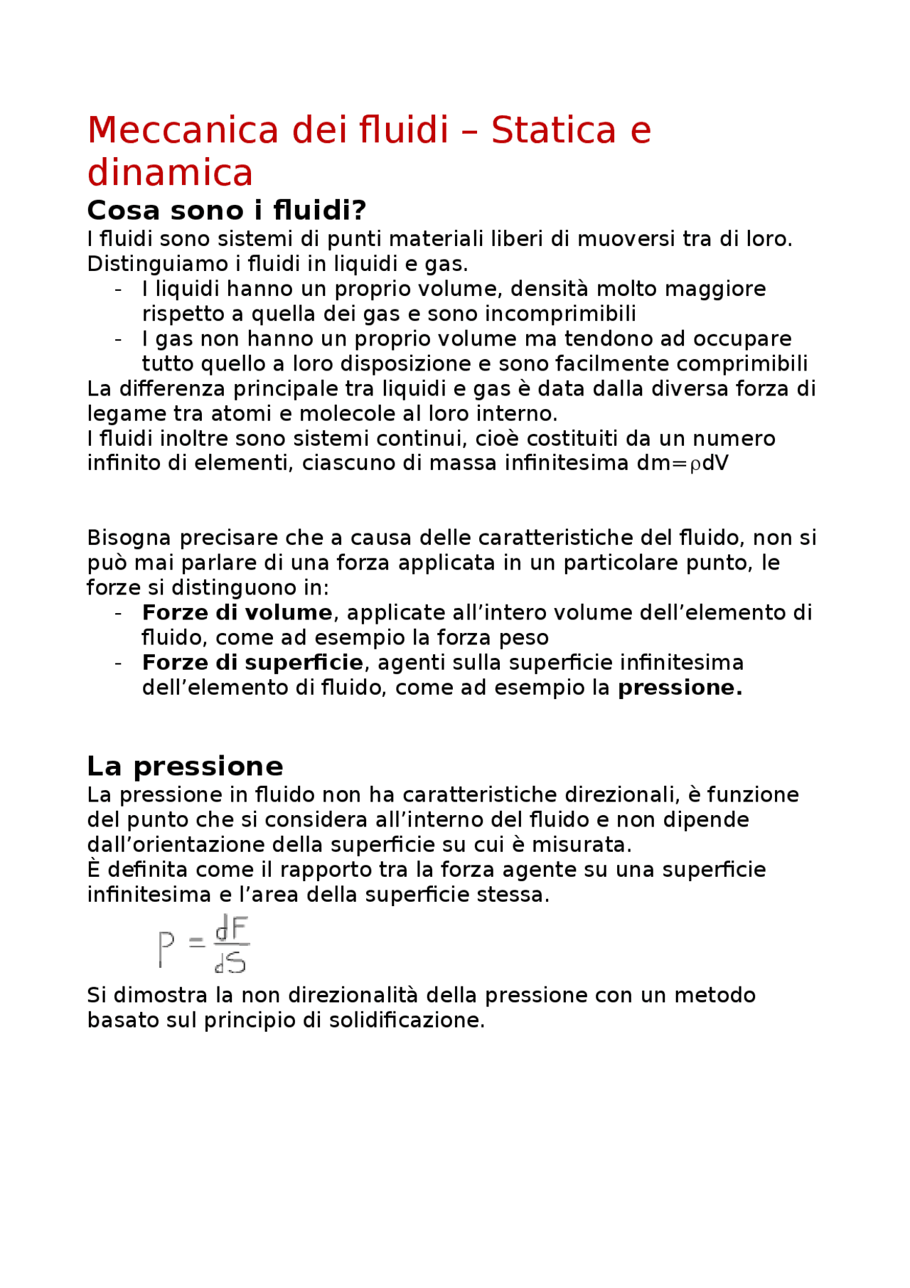 Meccanica dei fluidi | Dispense di Fisica | Docsity
