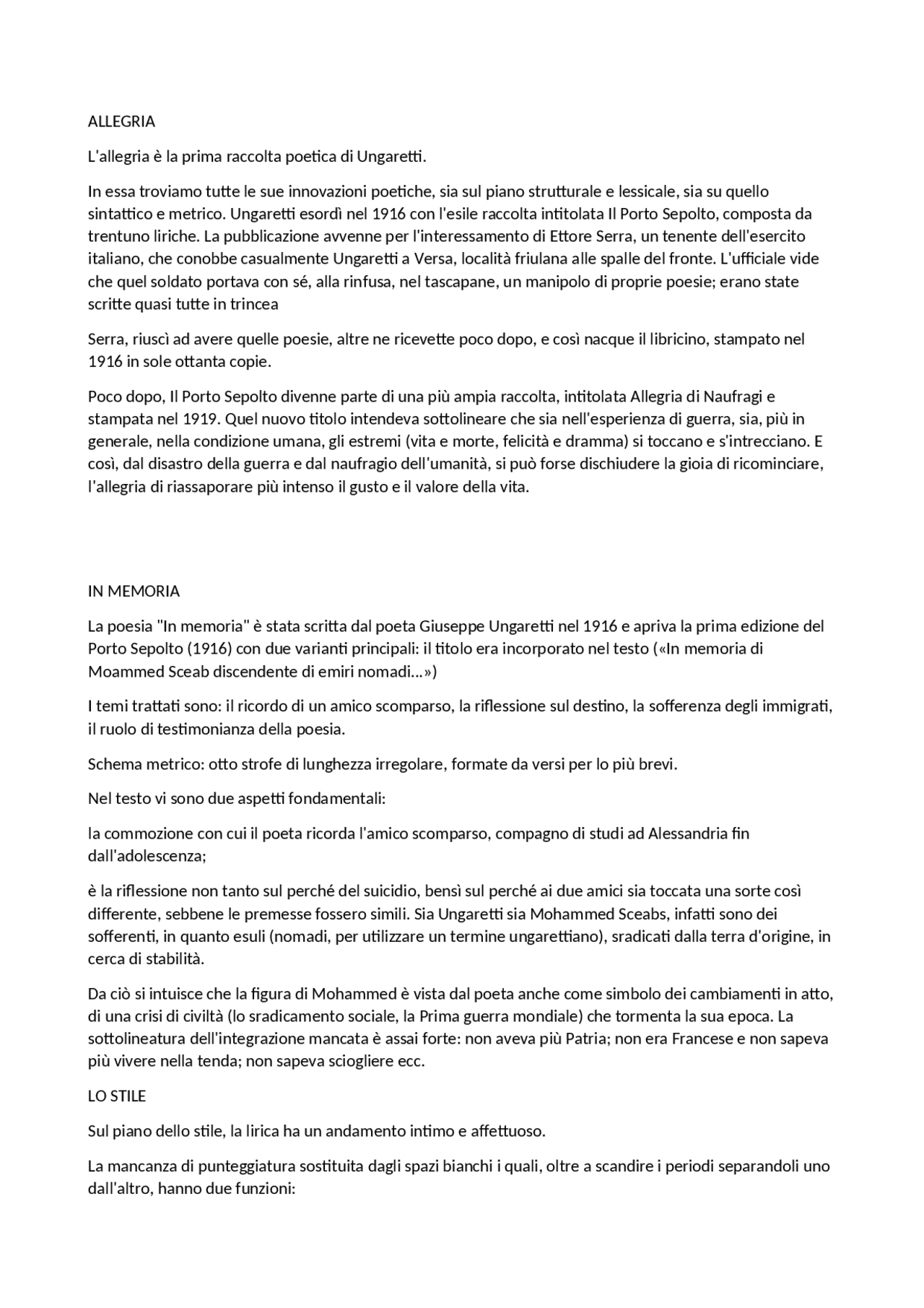 Allegria Raccolta Di Ungaretti Sintesi Del Corso Di Lingue E