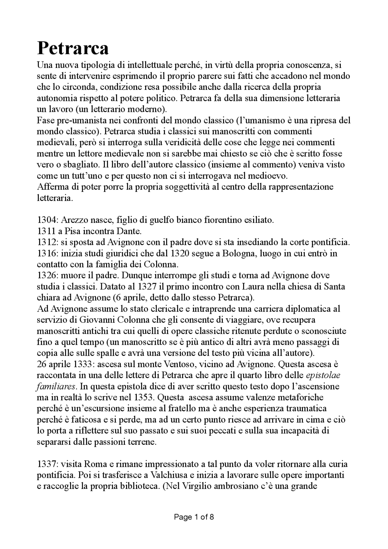 Petrarca, biografia e opere | Dispense di Letteratura Italiana | Docsity
