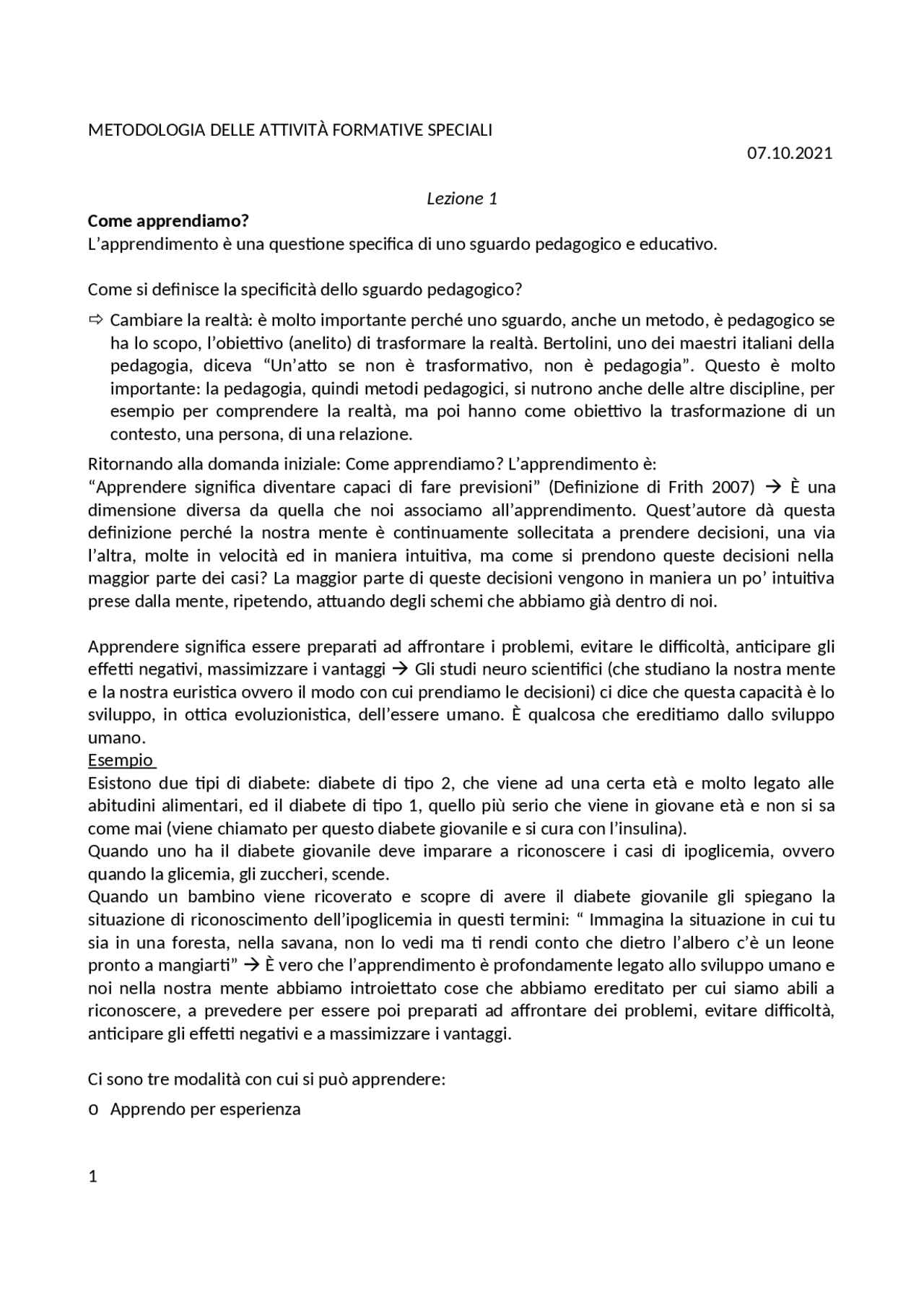 Metodologia Delle Attività Formative Speciali Appunti Di Metodologia