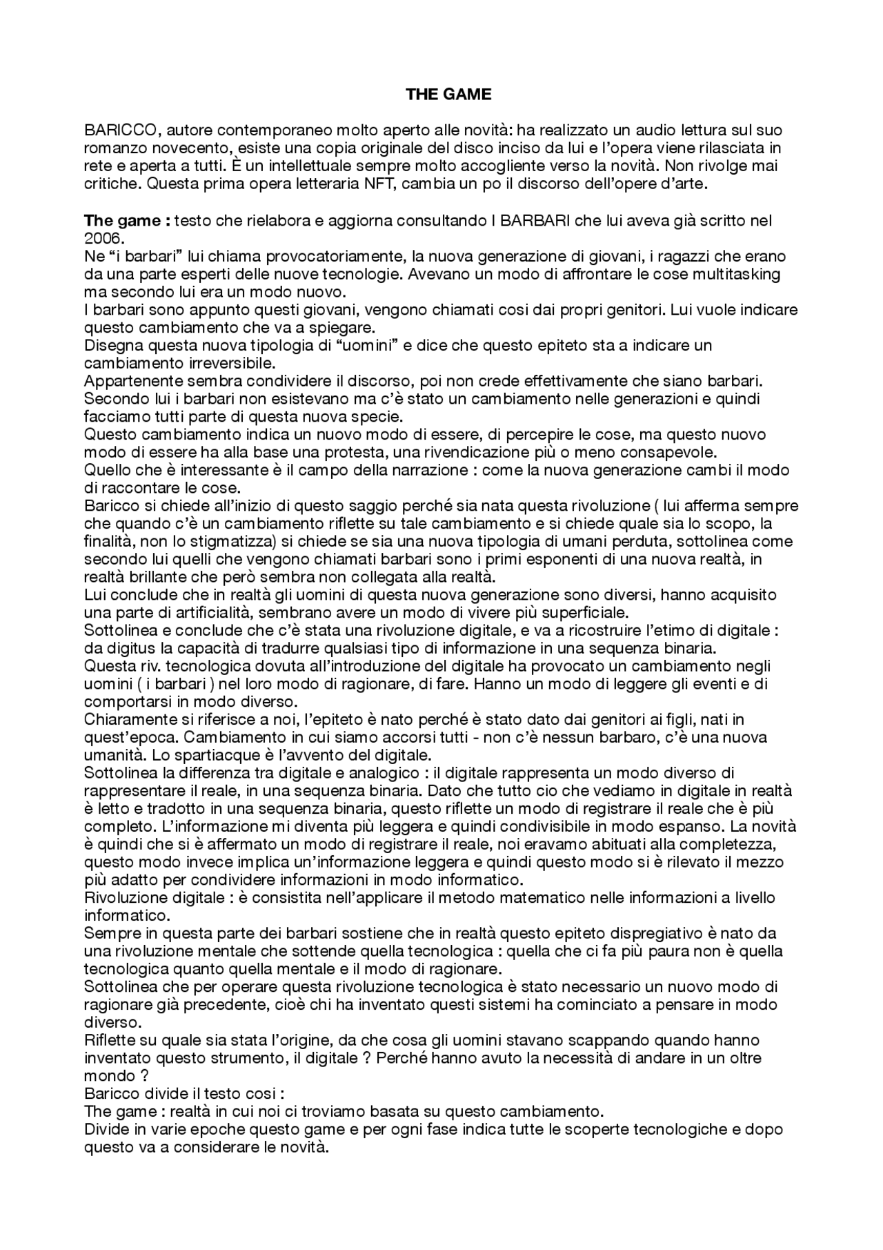 Baricco the game libro riassunto | Appunti di Psicologia Del Linguaggio ...