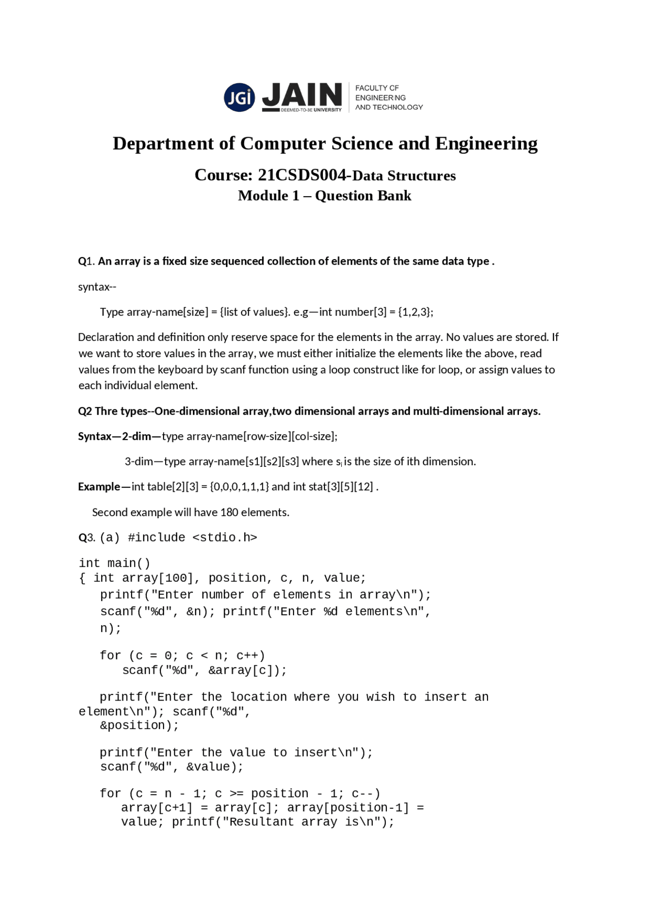 Datastructuresmodule1qbandsolutions Exams Data Representation And Algorithm Design Docsity