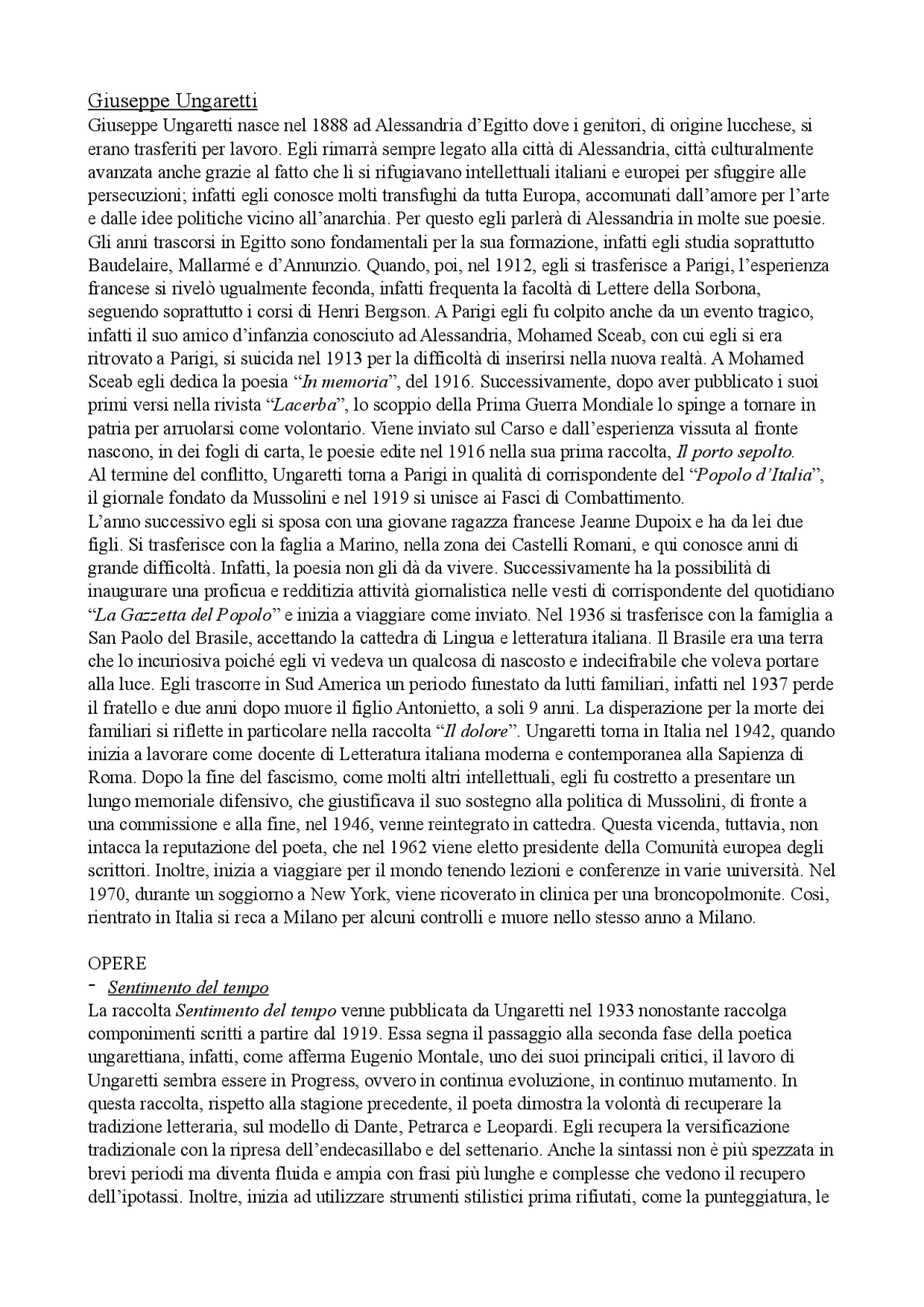 Giuseppe Ungaretti Vita E Opere Appunti Di Italiano Docsity