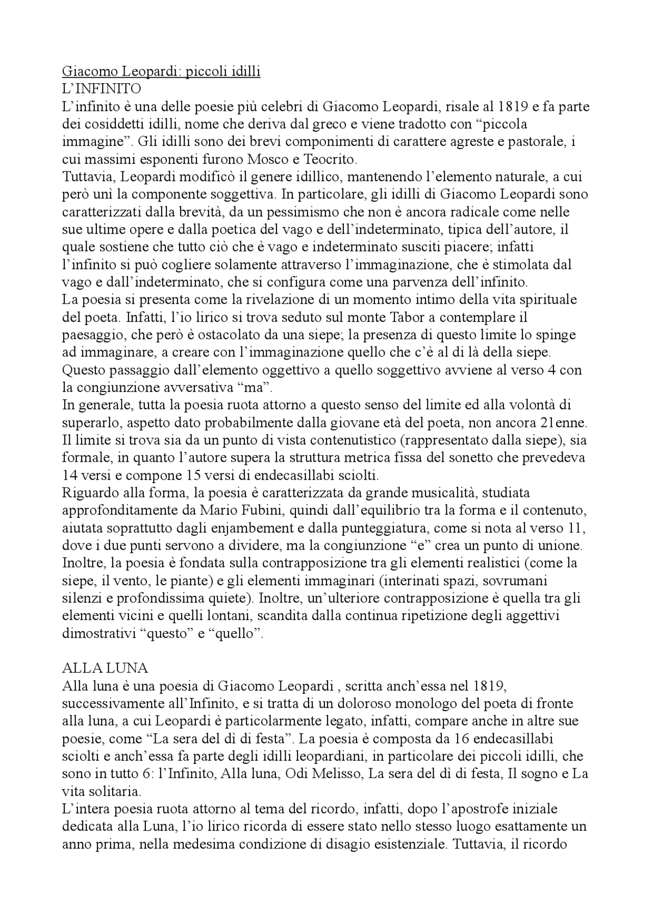 GIACOMO LEOPARDI (piccoli idilli) | Appunti di Italiano | Docsity