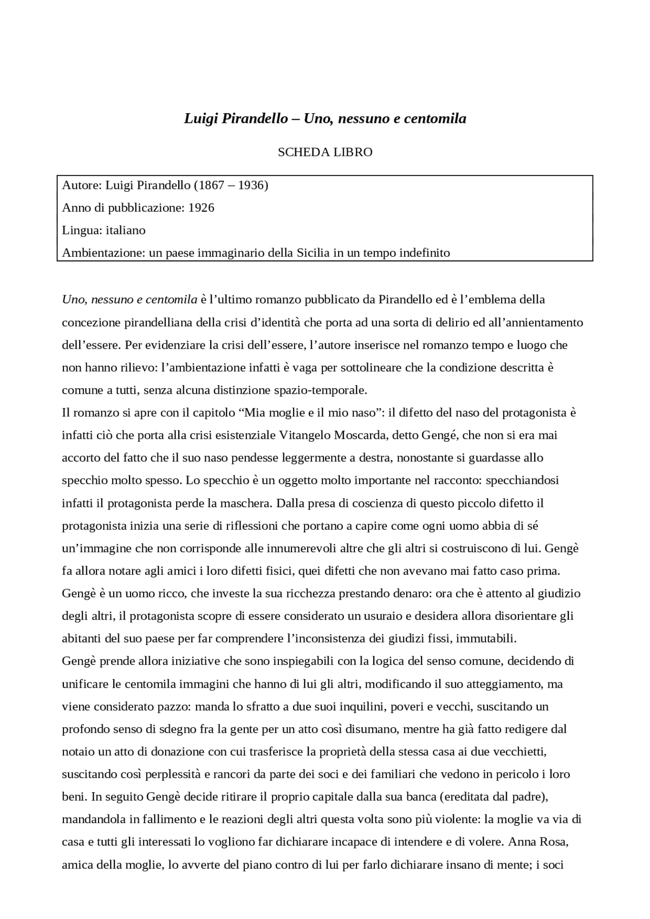 Scheda Libro Uno Nessuno Centomila Appunti Di Italiano Docsity