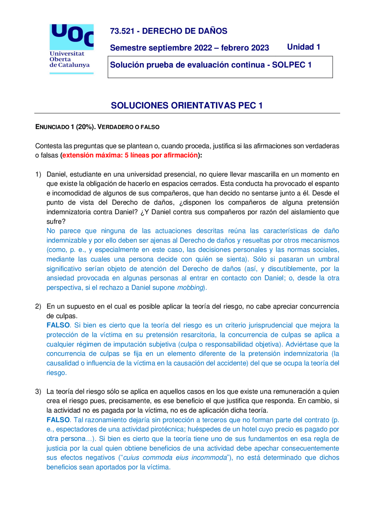 Solución Pec 1 Derecho De Daños Ejercicios De Derecho Civil Docsity