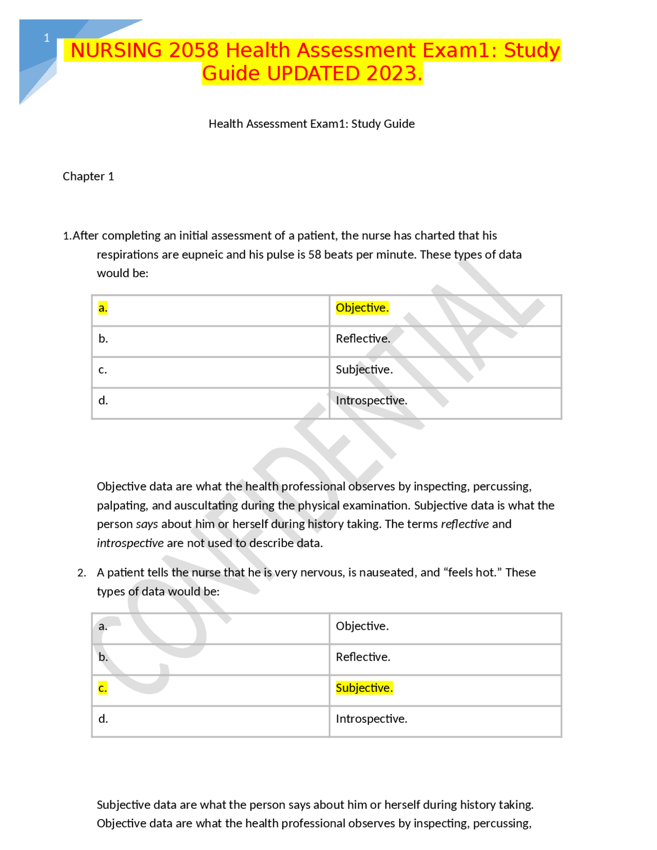 NURSING 2058 Health Assessment Exam1: Study Guide UPDATED 2023. | Exams ...