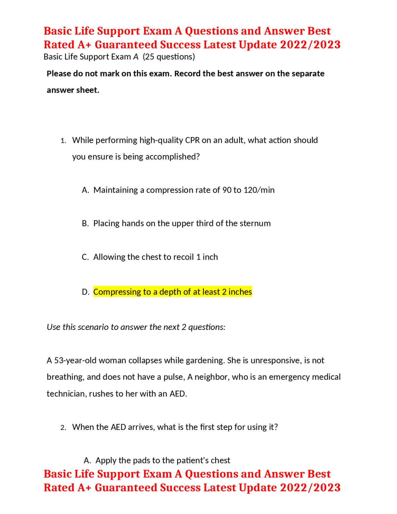 Basic Life Support Exam A Questions and Answer Best Rated A+ Guaranteed ...