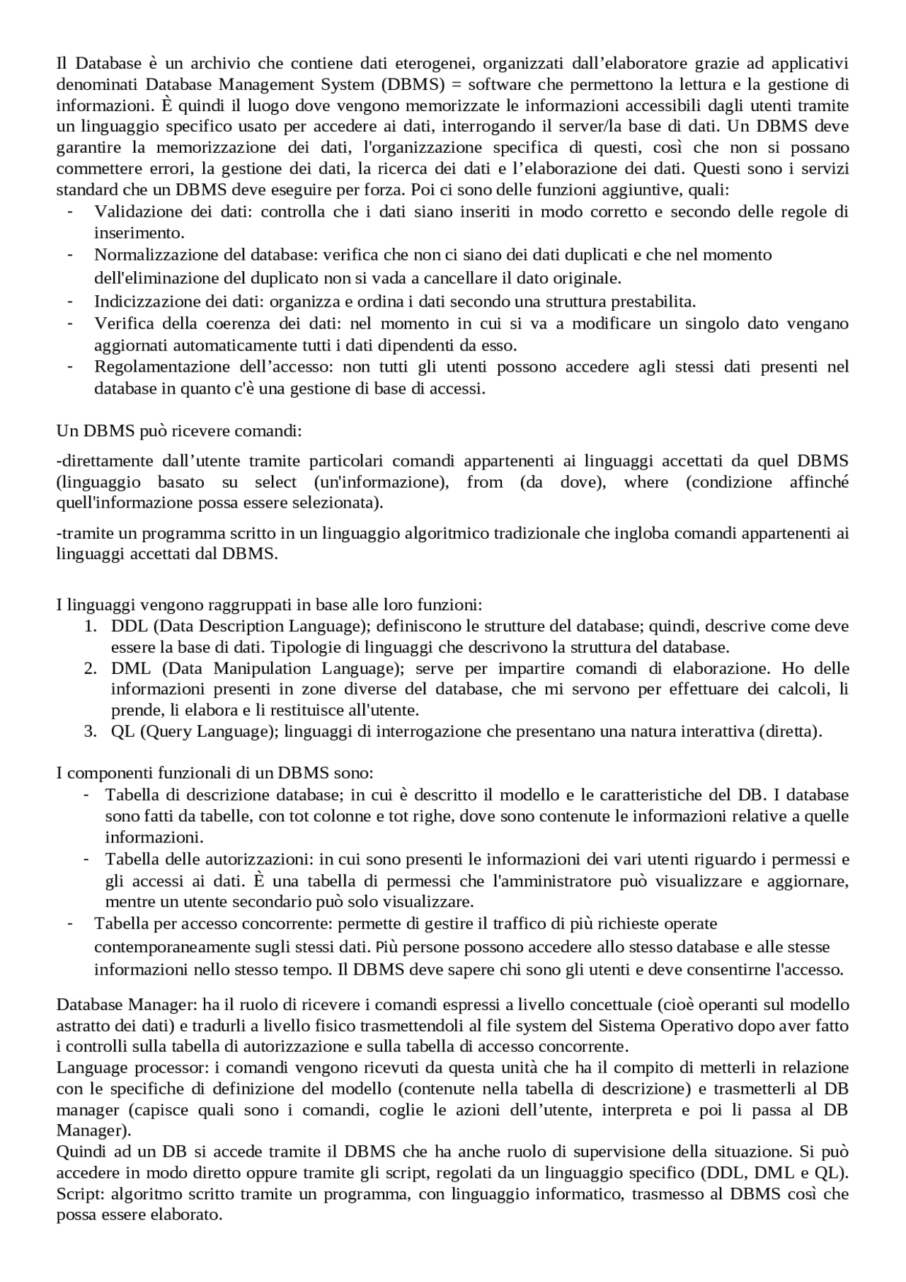 Informatica Database DBMS | Appunti di Elementi di Informatica | Docsity