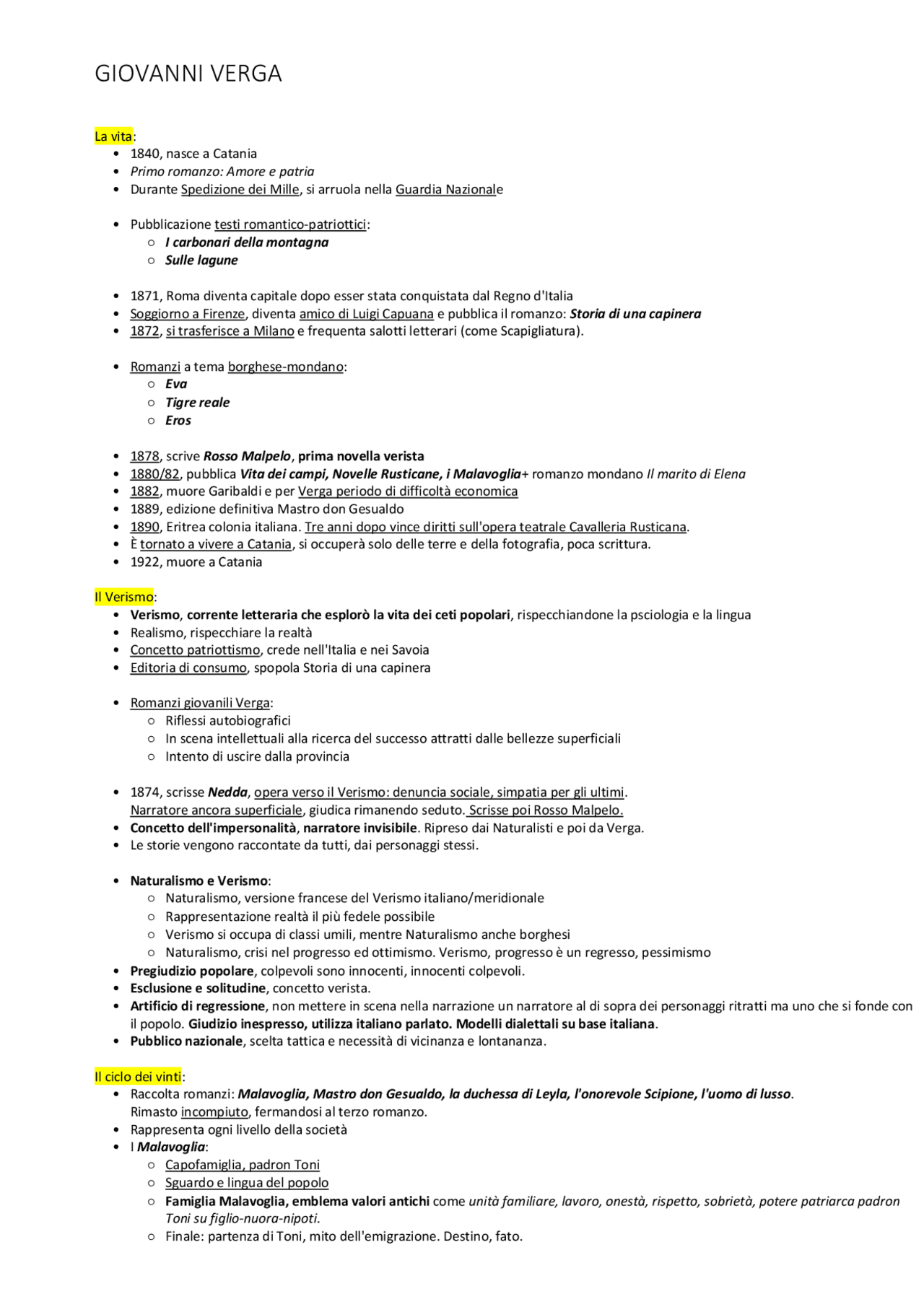 GIOVANNI VERGA- vita, idee e principali opere | Appunti di Italiano | Docsity