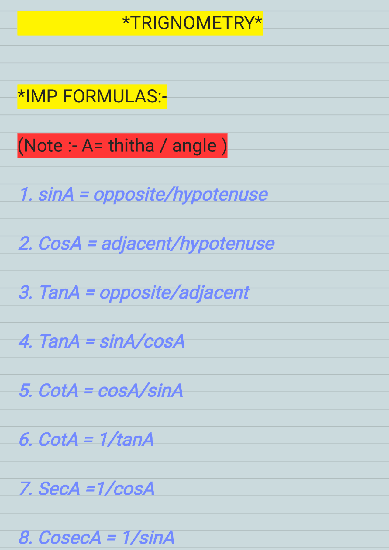 Trignometry very imp formulas | Assignments Mathematics | Docsity