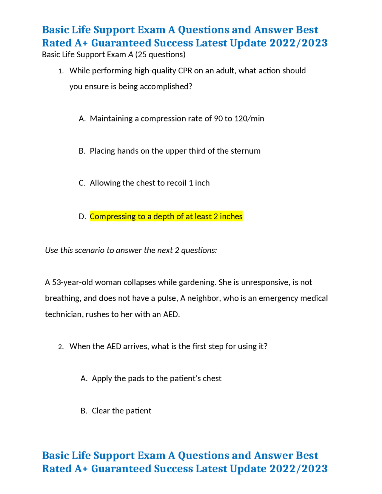 Basic Life Support Exam A Questions and Answer Best Rated A+ Guaranteed ...