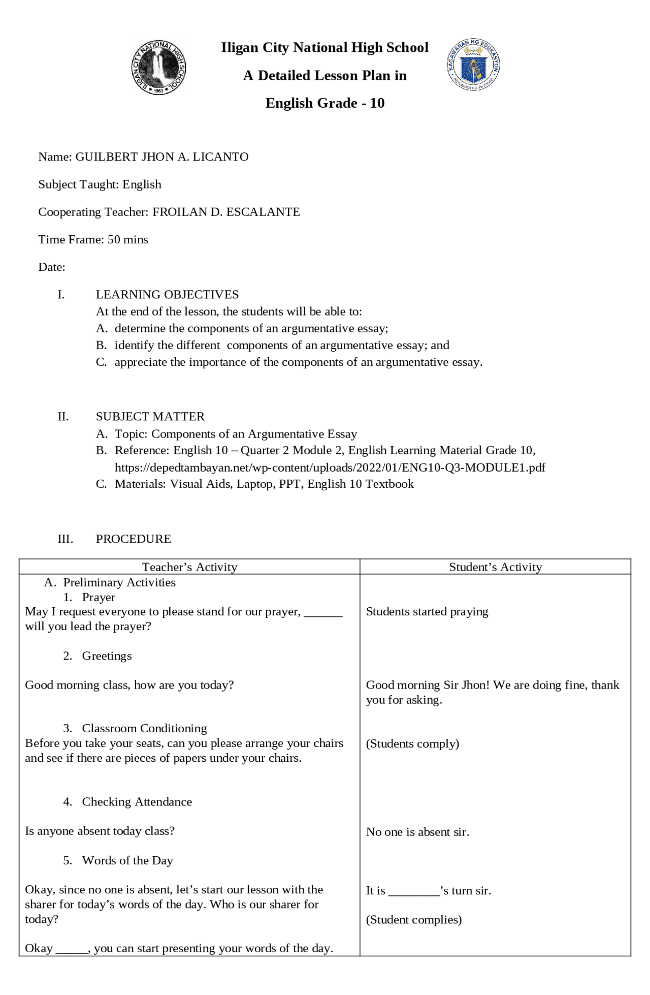 Lesson Plan In English Schemes And Mind Maps English Language Docsity