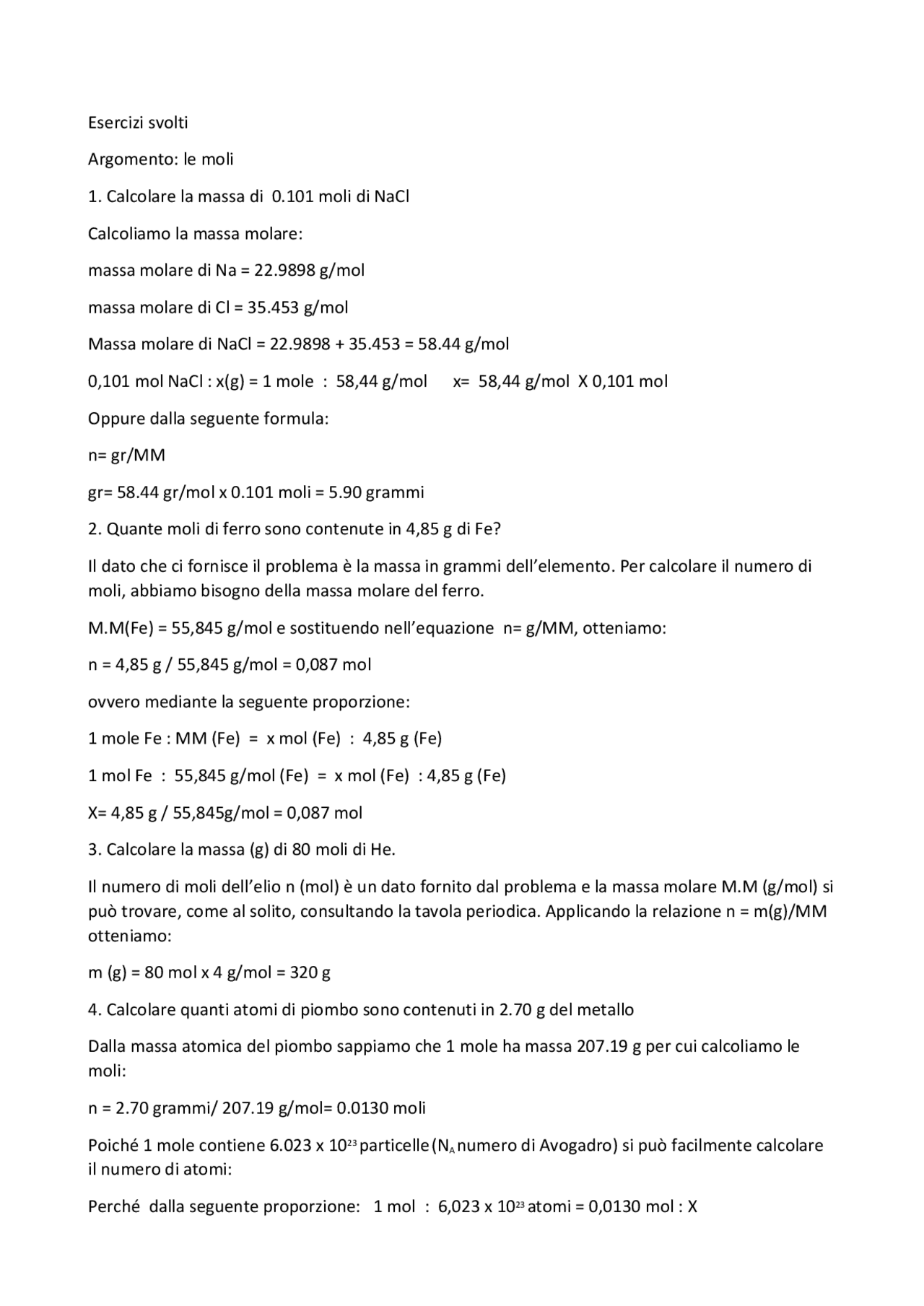Esercizio Sulle Moli Schemi E Mappe Concettuali Di Chimica Docsity