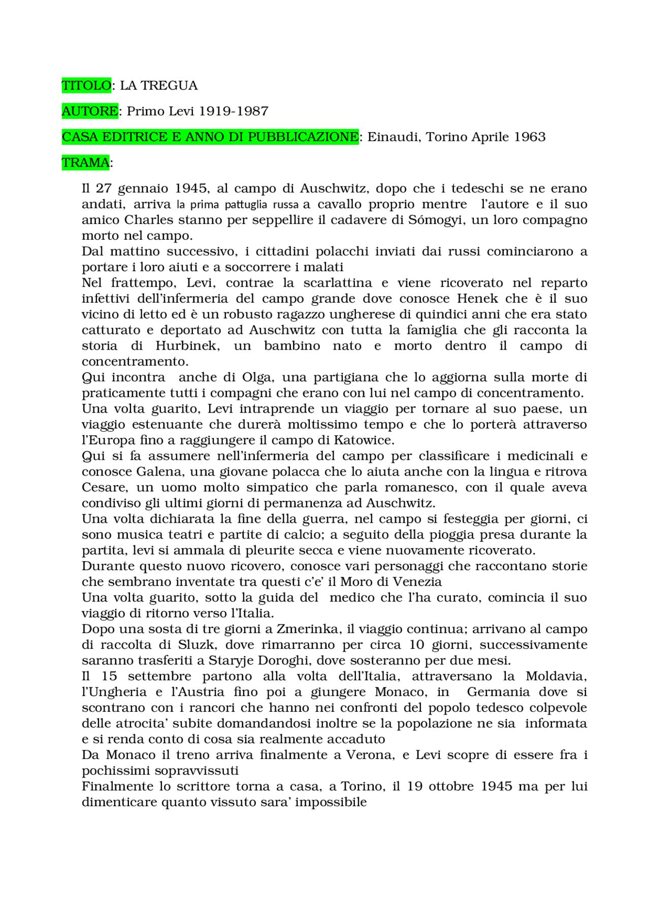 Scheda Libro La Tregua Di Primo Levi Schemi E Mappe Concettuali Di