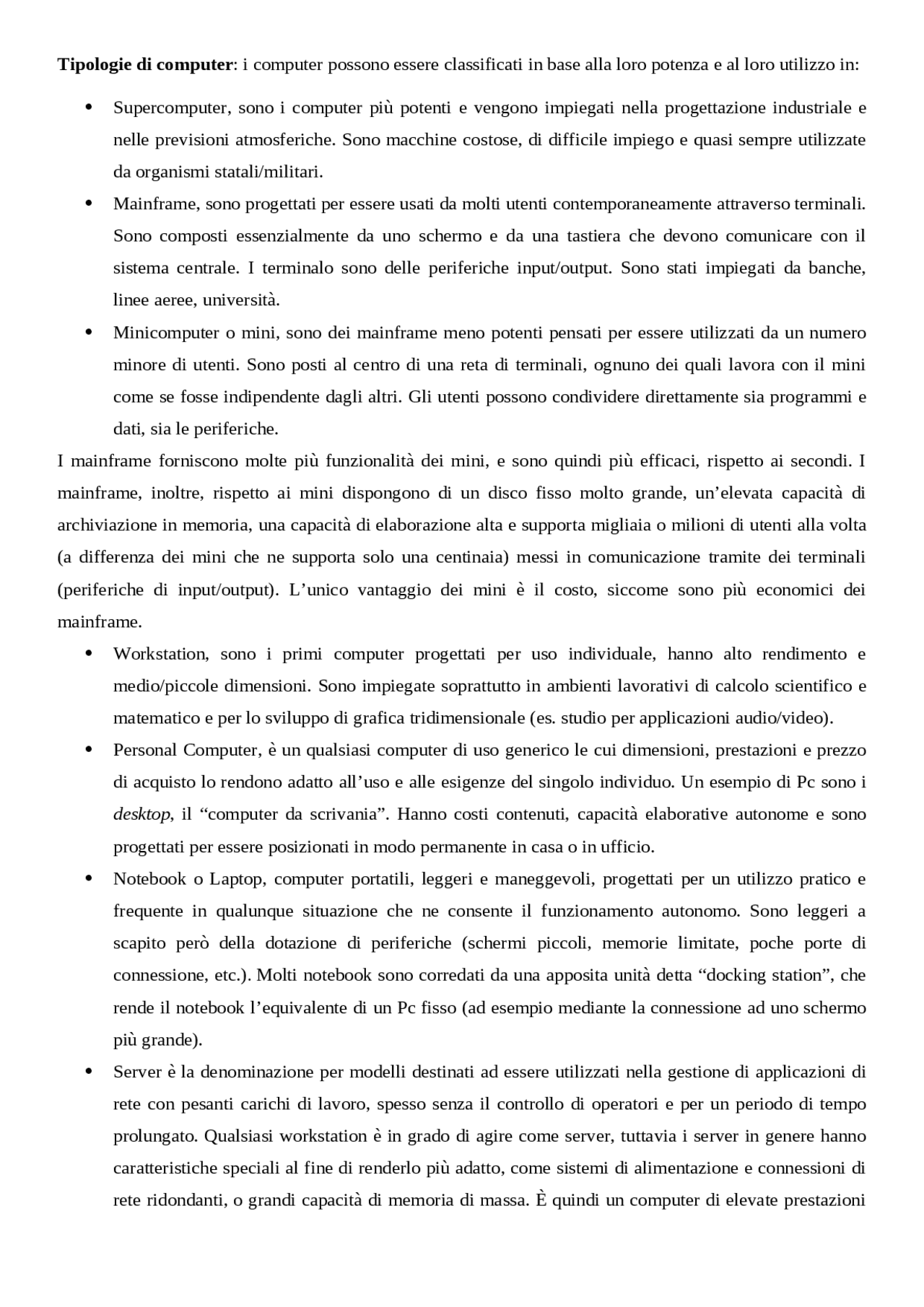 Informatica Tipologie Di Computer Appunti Di Elementi Di Informatica