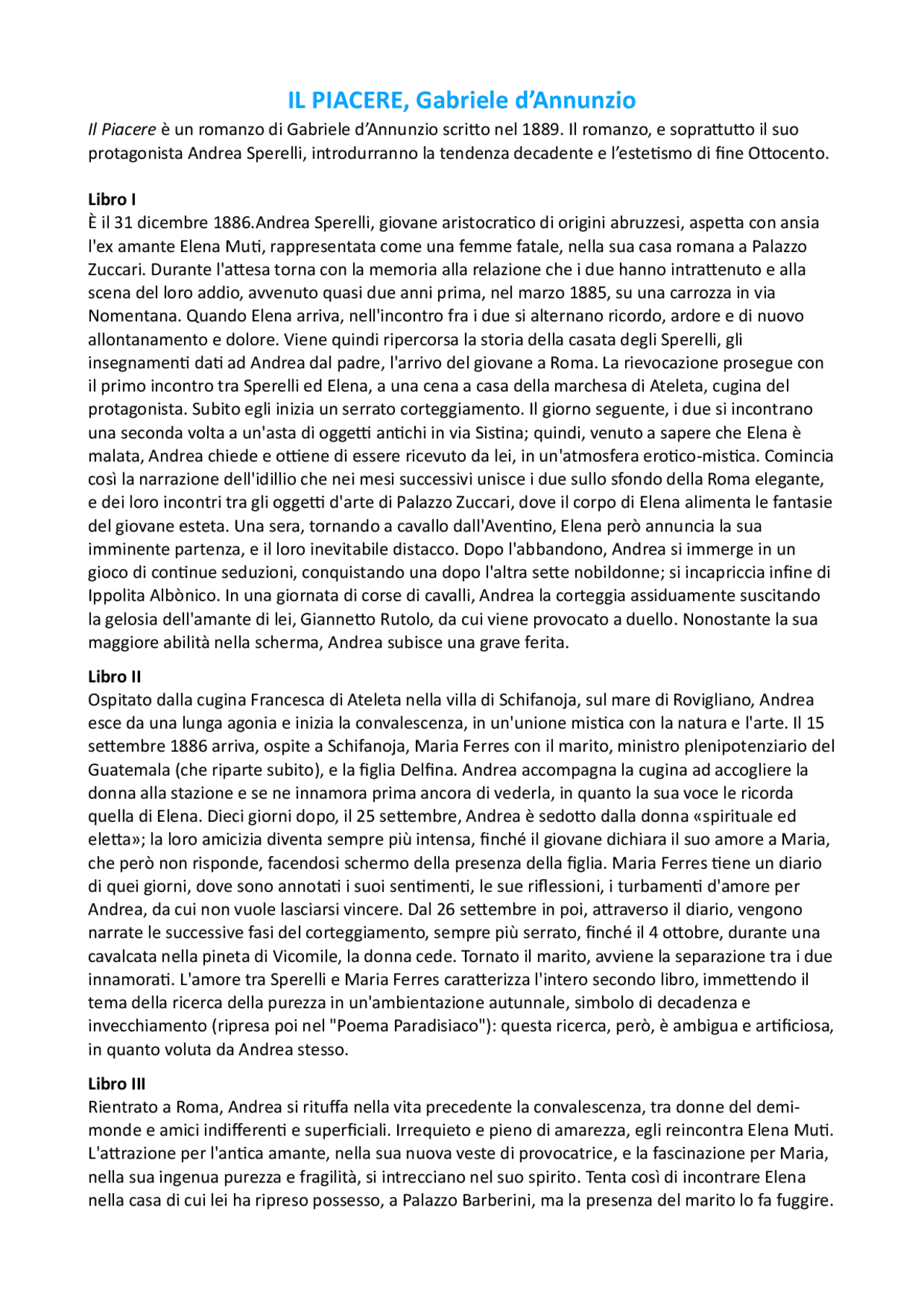 Il Piacere Dannunzio Appunti Di Italiano Docsity