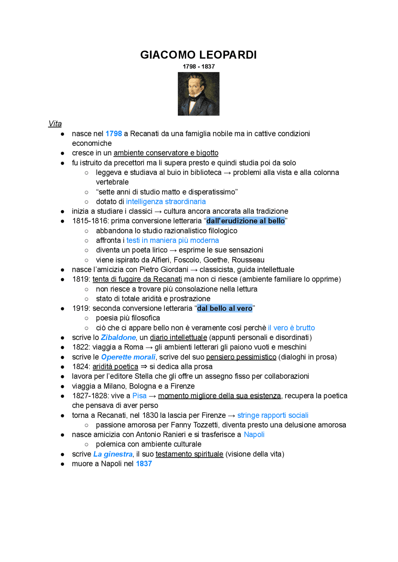 Appunti su Giacomo Leopardi | Appunti di Italiano | Docsity