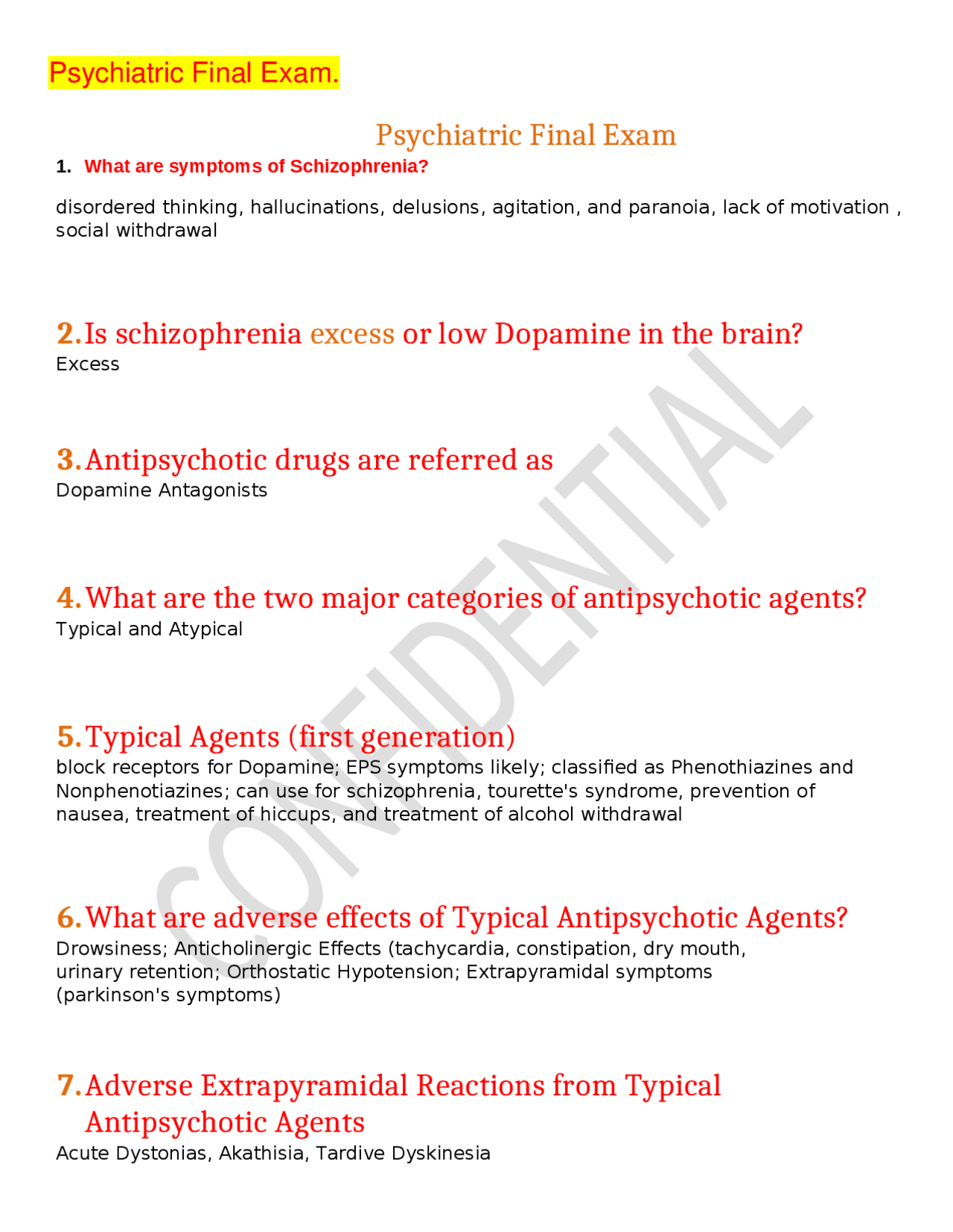 Psychiatric Final Exam Exams Nursing Docsity