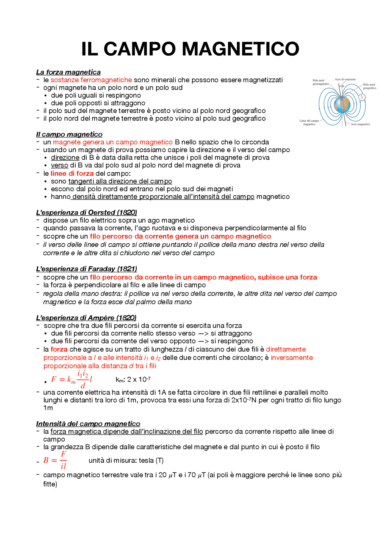 Appunti sul campo magnetico | Appunti di Fisica | Docsity