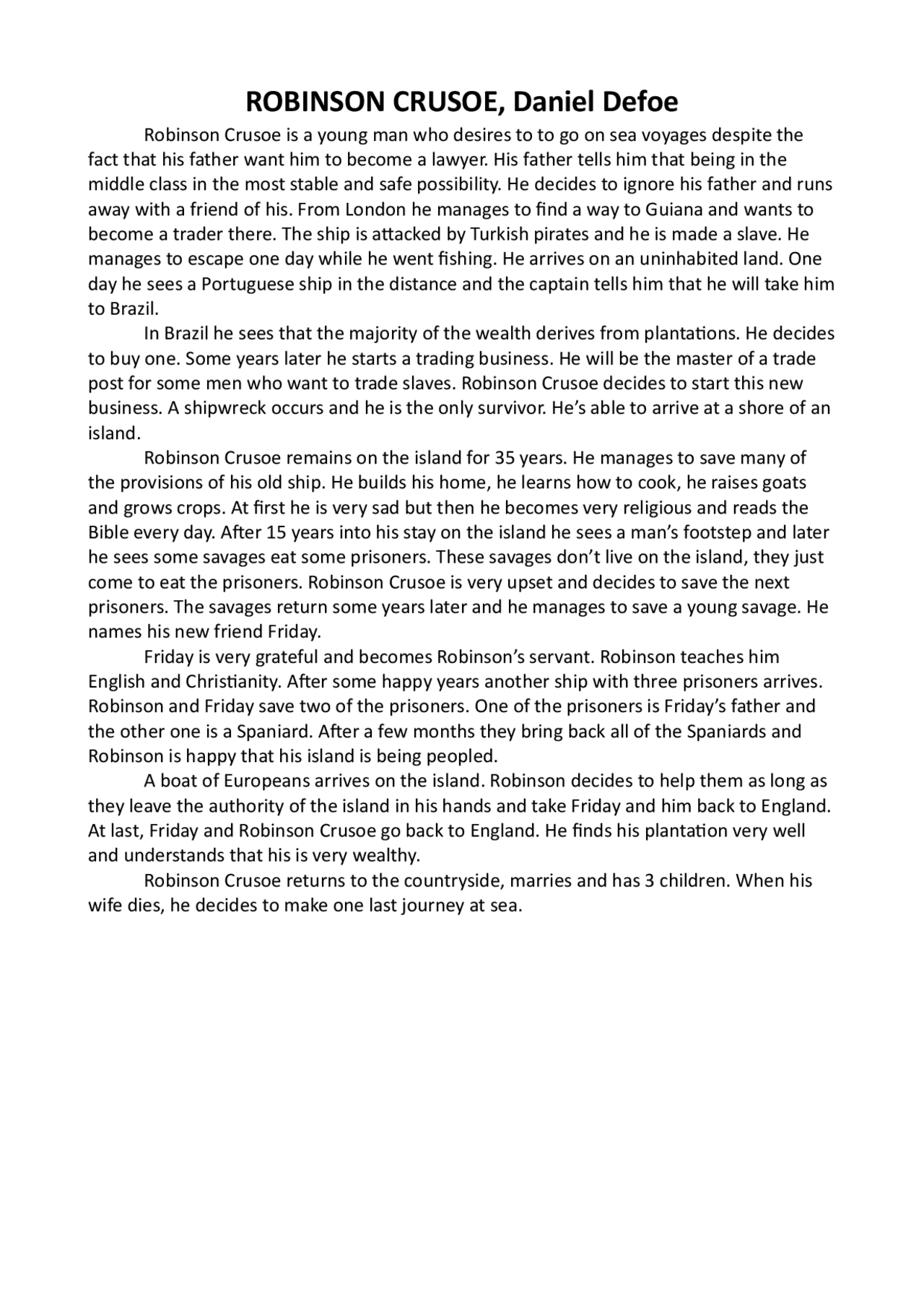 Robinson Crusoe, Defoe | Appunti di Inglese | Docsity