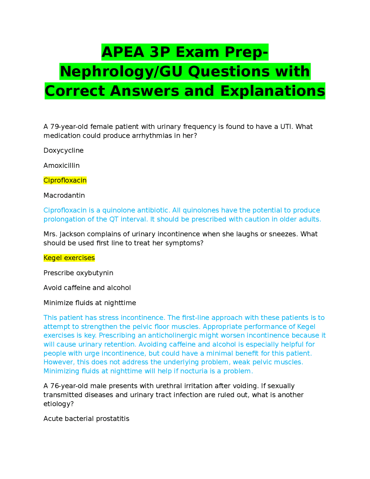 APEA 3P Exam Prep Nephrology/GU Questions with Correct Answers and Explanations | Exams Nursing ...