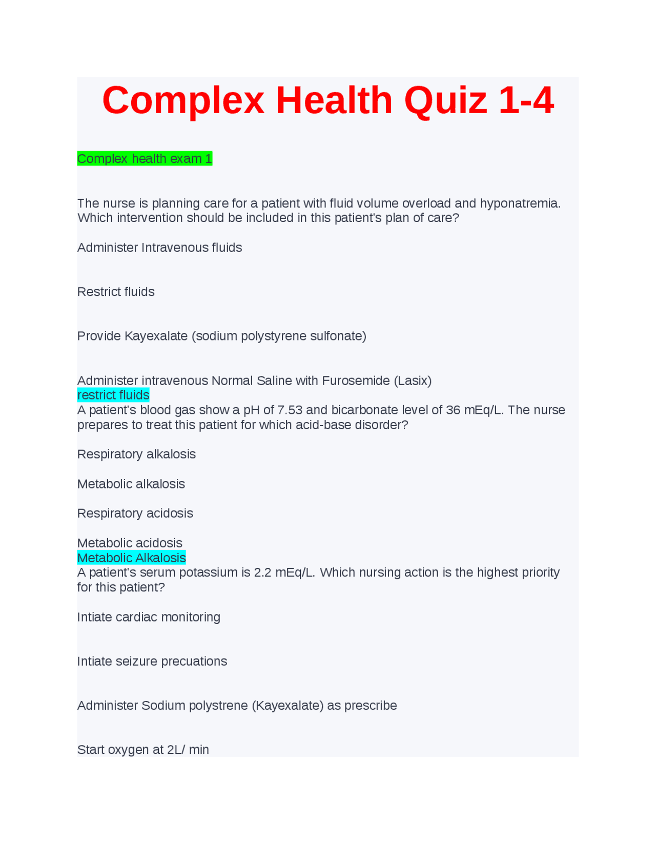Complex Health Quiz 1-4 | Exams Nursing | Docsity