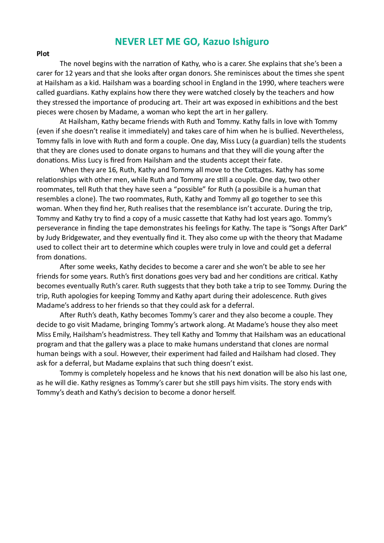 Never Let Me Go, Ishiguro | Appunti di Inglese | Docsity
