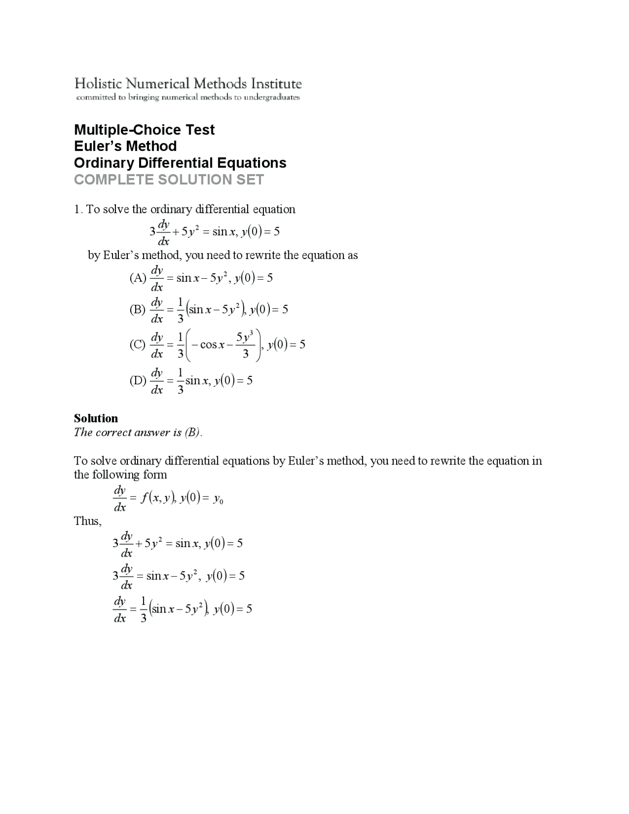 Eulers Method Introduce Quizzes Numerical Methods In Engineering