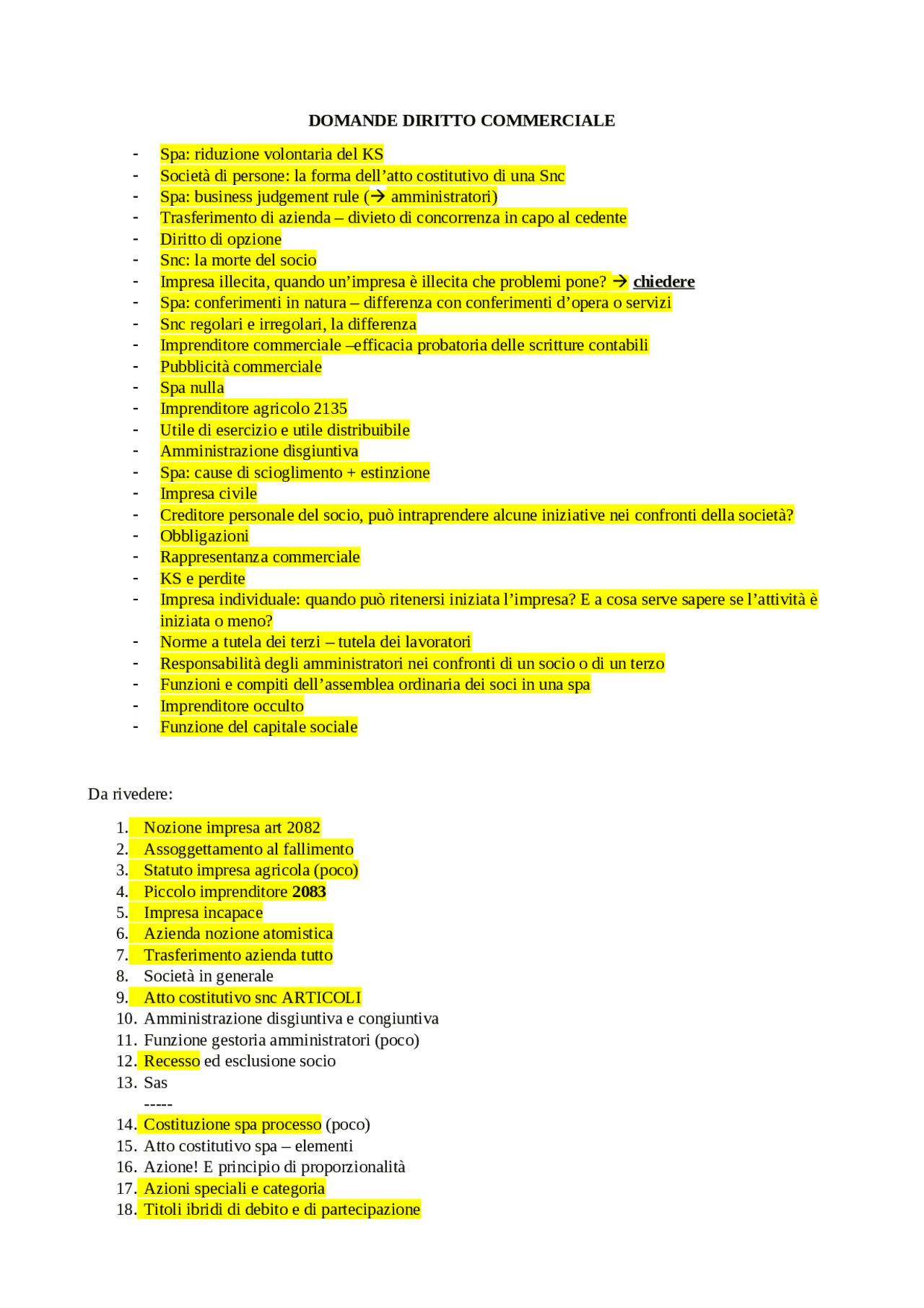 Domande dell'esame di diritto commerciale | Prove d'esame di Diritto Commerciale | Docsity