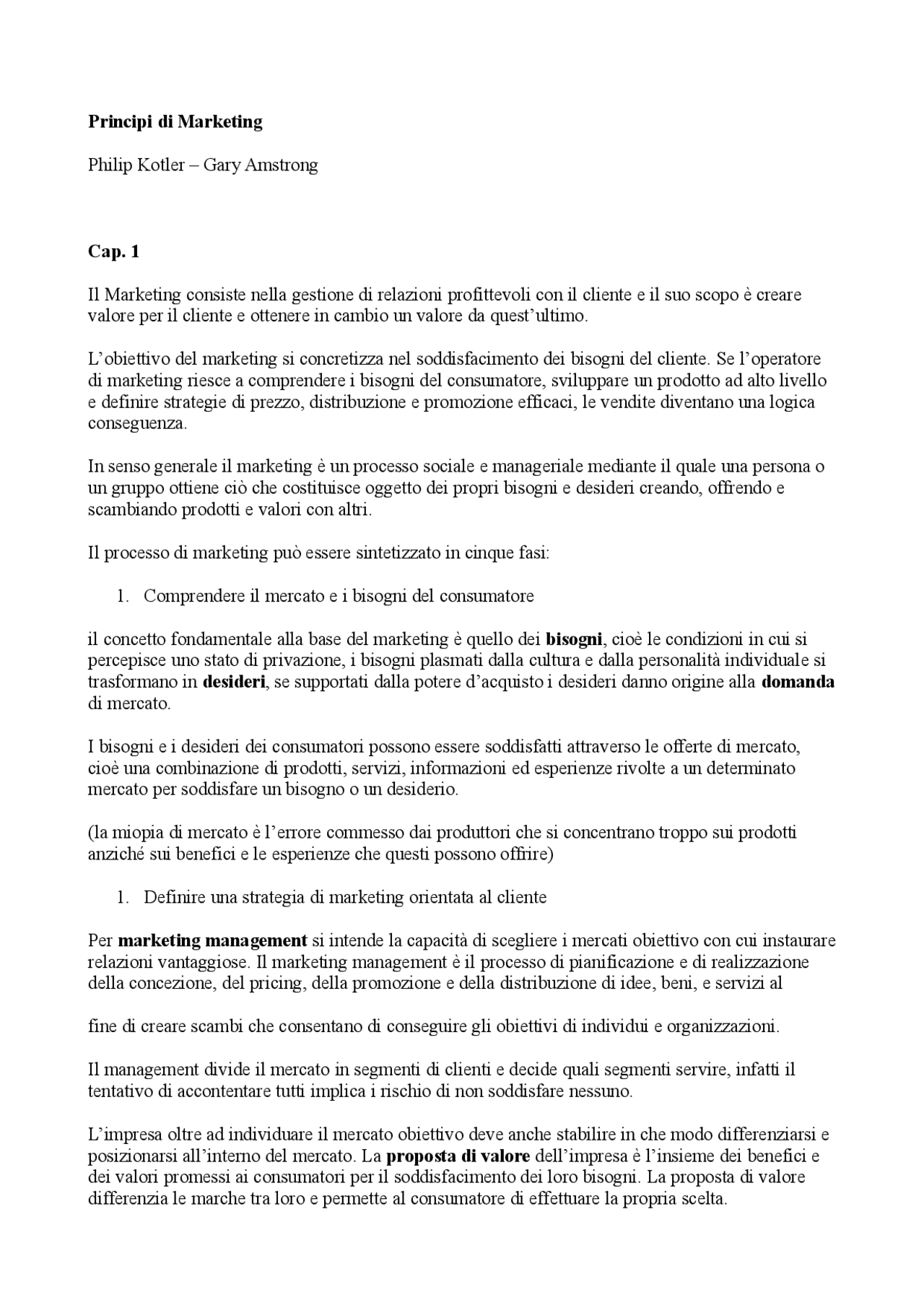 Riassunto Del Libro Principi Di Marketing Philip Kotler Gary