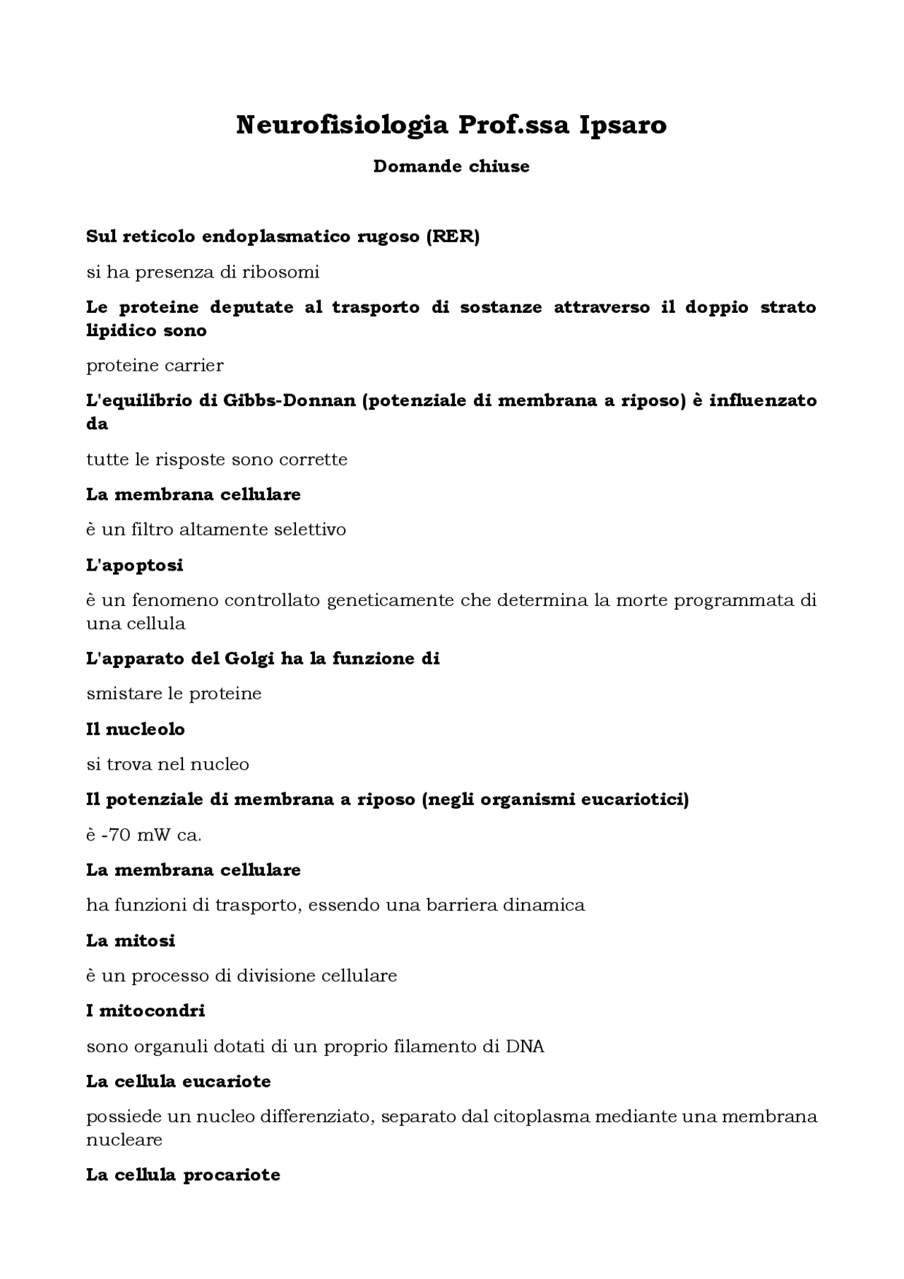Domande A Risposta Chiusa Prove Desame Di Neurologia Docsity