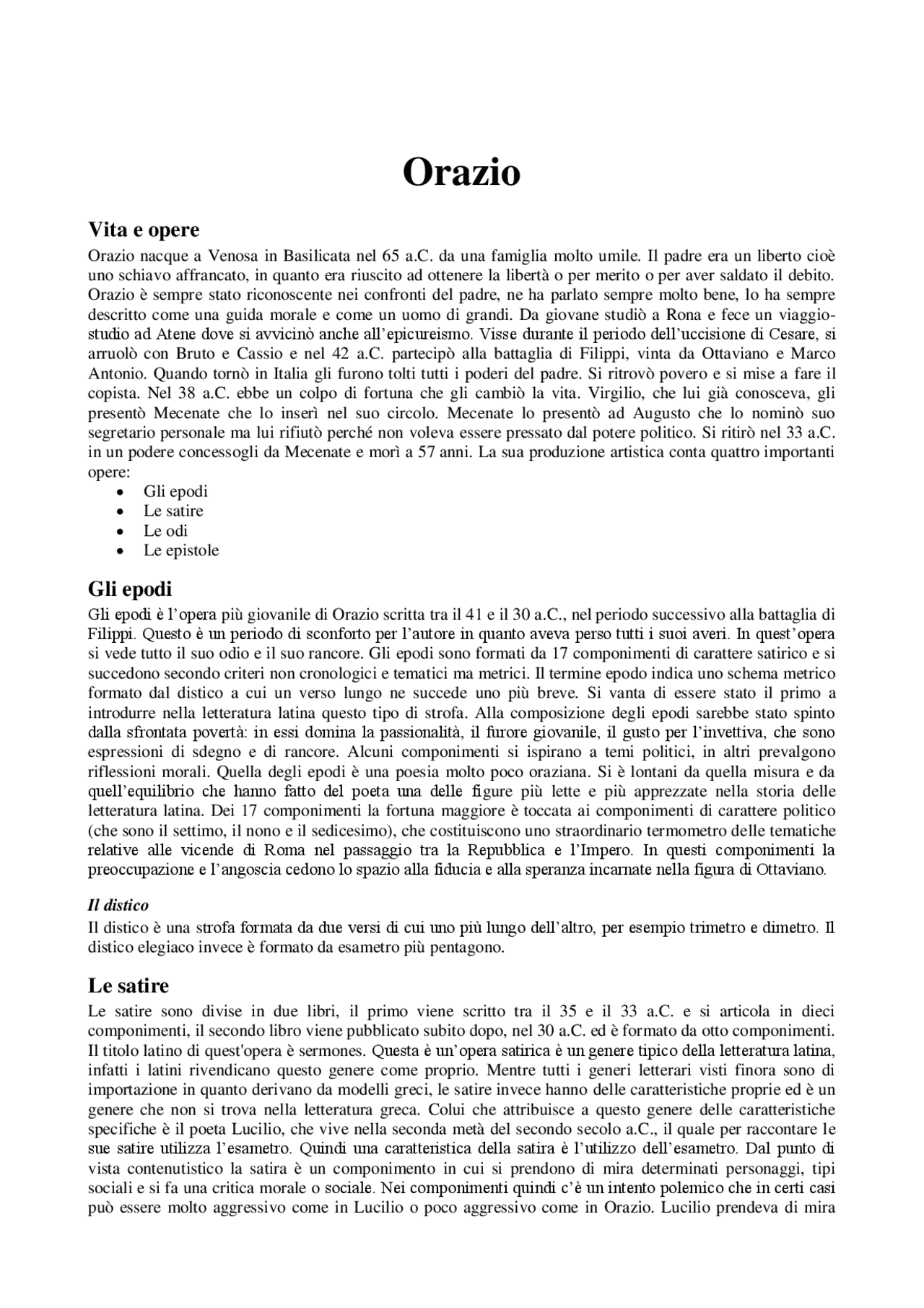 Orazio Vita E Opere Appunti Di Latino Docsity