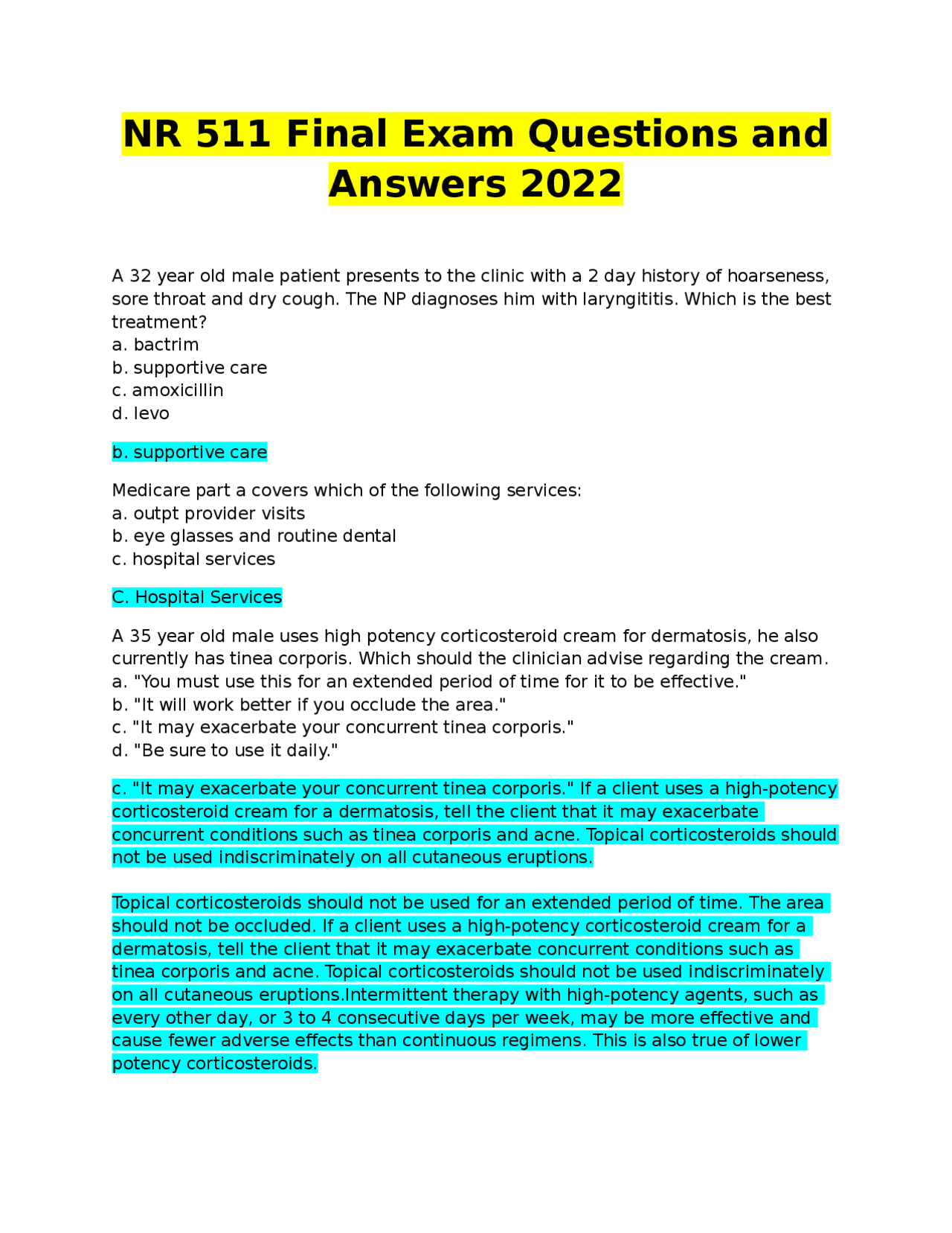 Nr 511 Final Exam Questions And Answers 2022 Exams Nursing Docsity