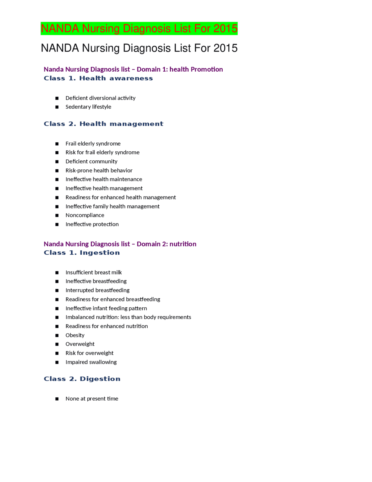 NANDA Nursing Diagnosis List For 2015 | Exams Nursing | Docsity