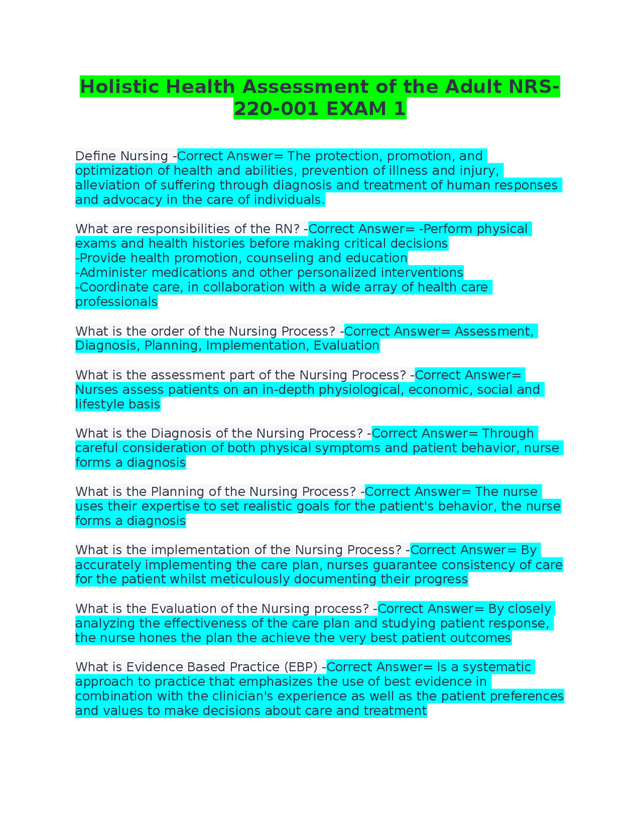 Holistic Health Assessment of the Adult NRS 220-001 EXAM 1 | Exams ...