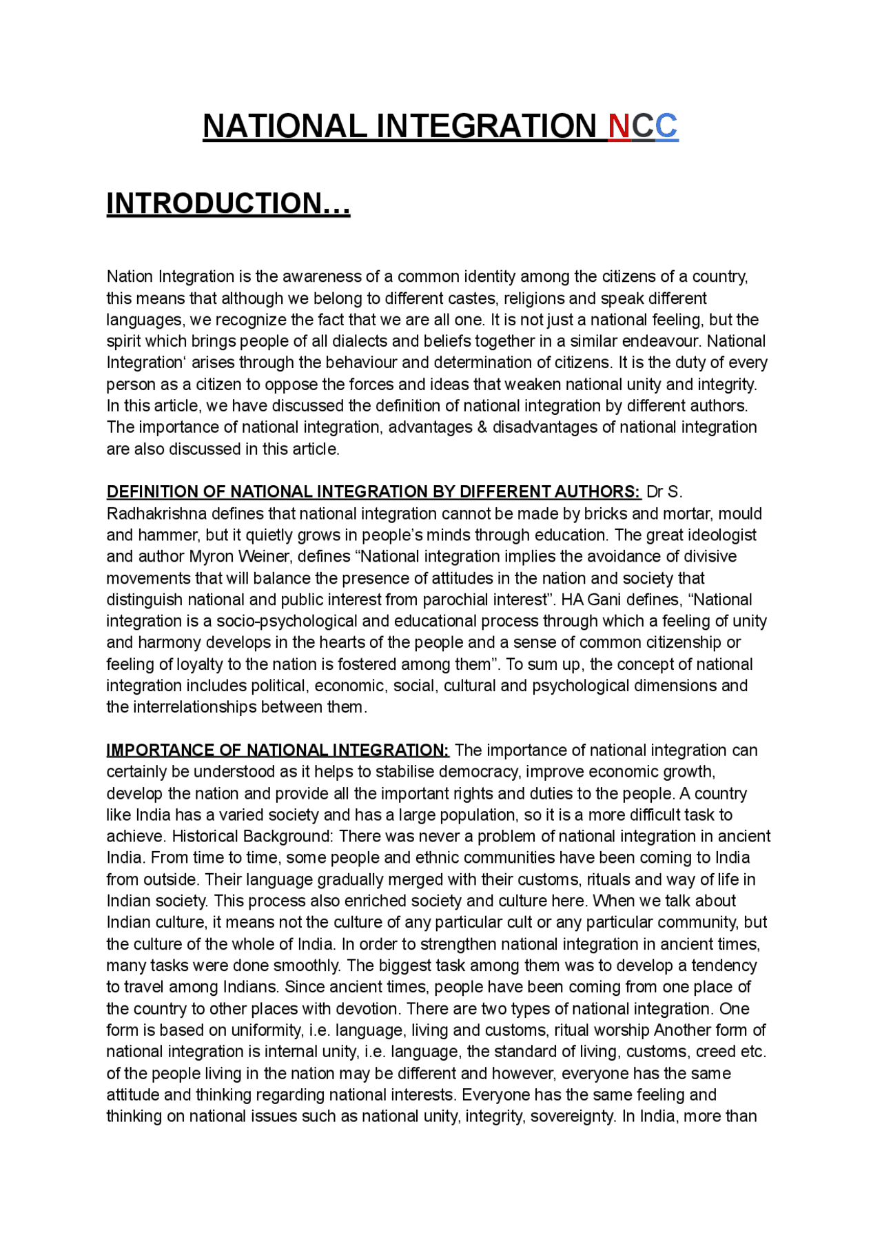 National Integration Lecture Notes Vocational Education Docsity