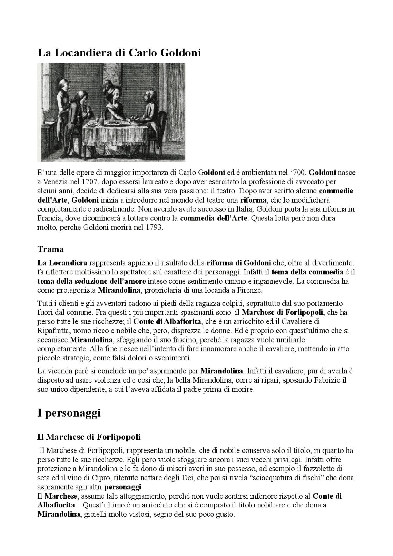 La Locandiera Di Carlo Goldoni Appunti Di Italiano Docsity