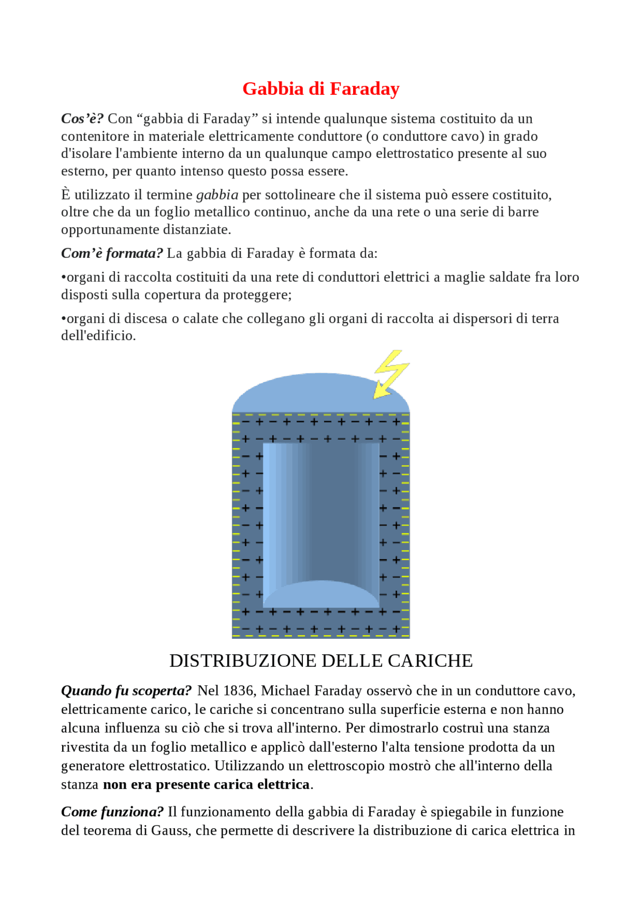Relazione sulla gabbia di Faraday, con relativa funzione | Esercizi di Fisica | Docsity