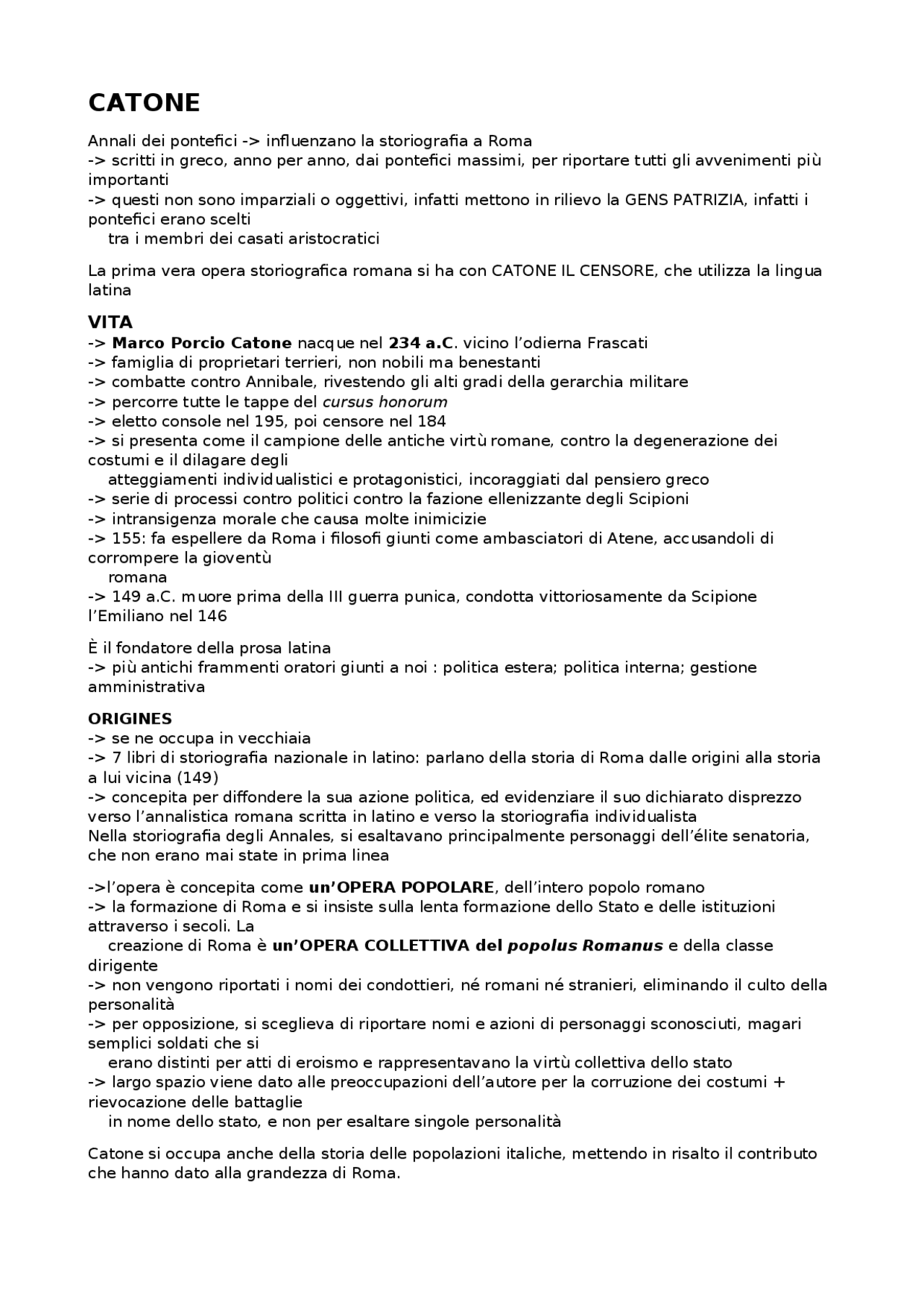 Riassunto su Catone e sue opere | Appunti di Letteratura latina | Docsity