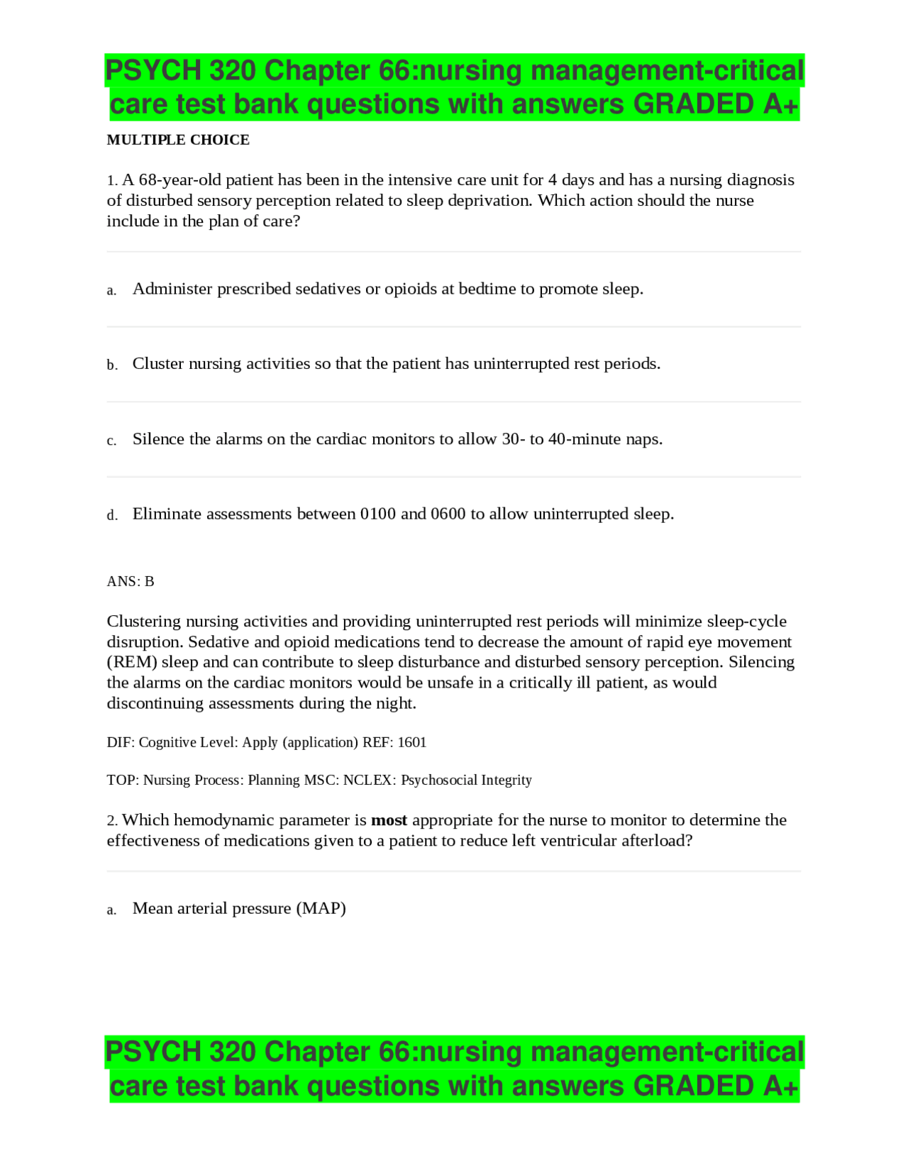 PSYCH 320 Chapter 66:nursing management-critical care test bank ...