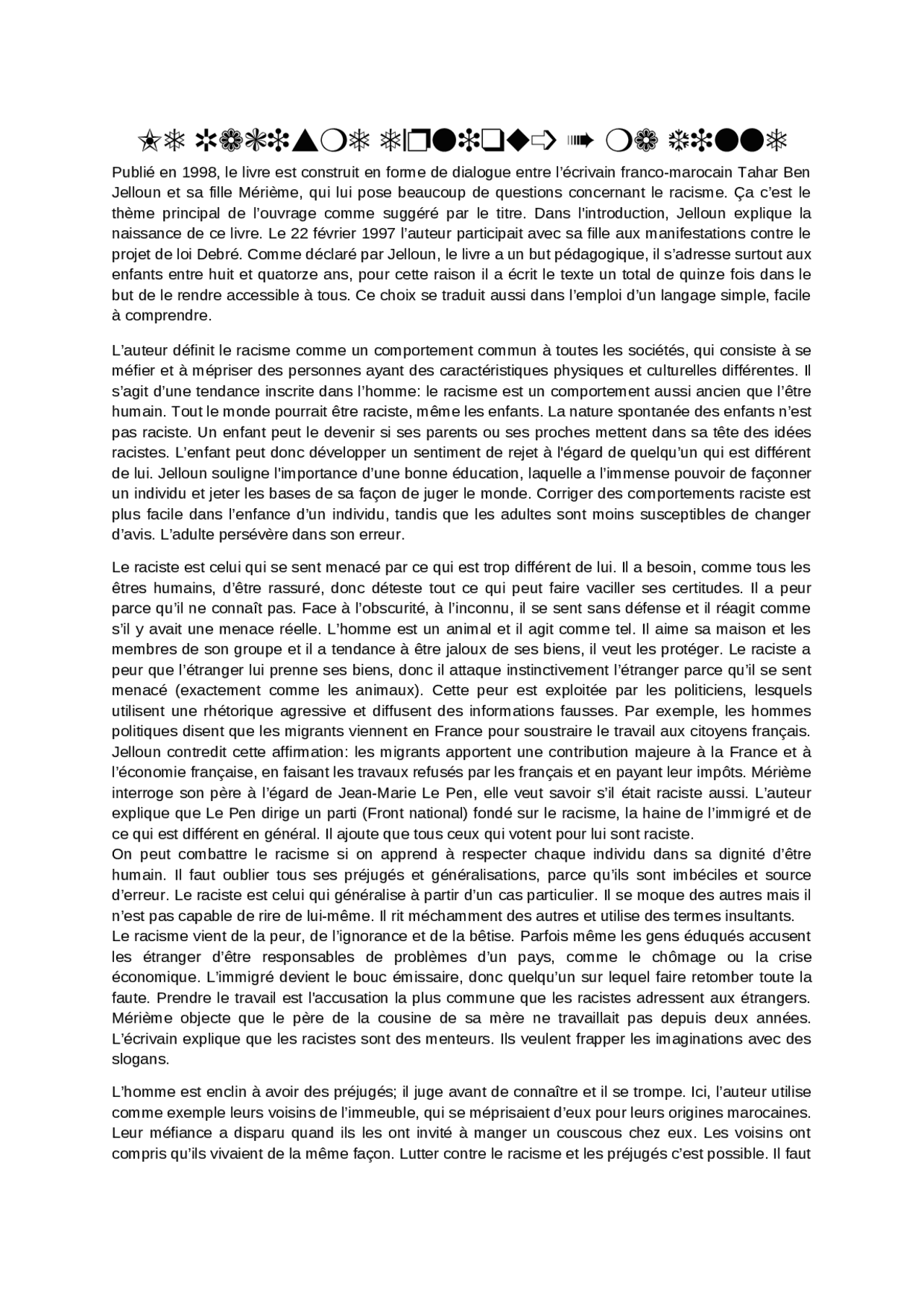 Riassunto in lingua francese de ‘Le racisme expliqué à ma fille ...