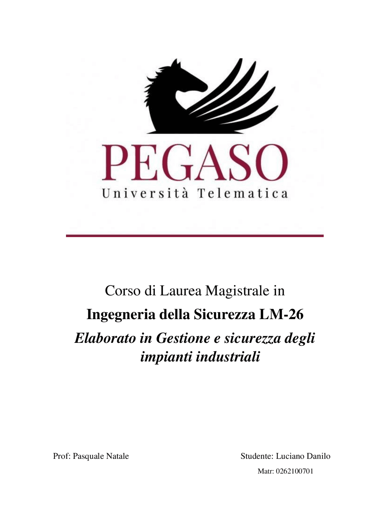 Elaborato in Gestione e sicurezza degli impianti industriali UNIPEGASO 2023 LM-26 superato ...