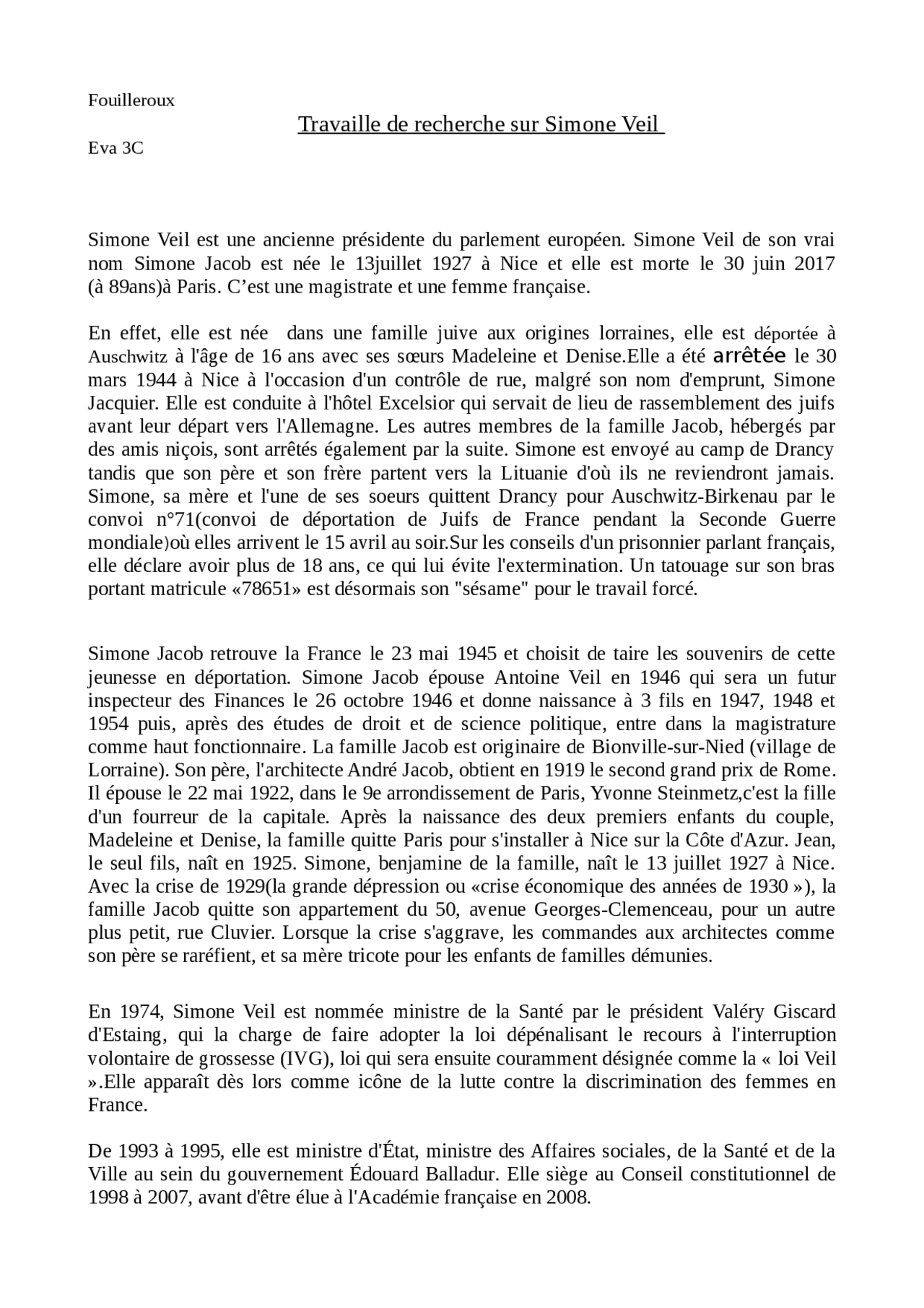 Résumé De Simone Veil Notes Français Docsity