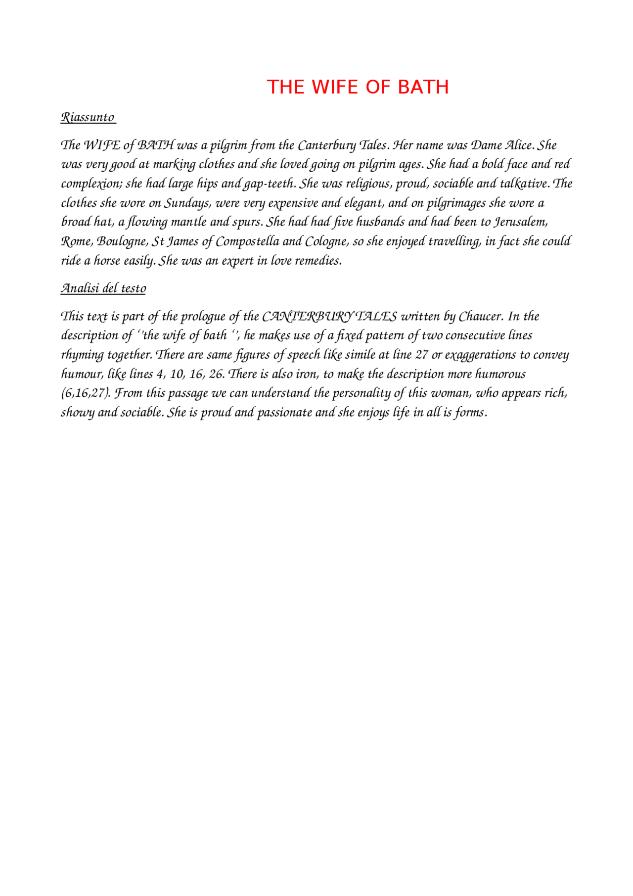 Riassunto e analisi in lingua inglese di '' THE WIFE OF BATH'' | Schemi ...